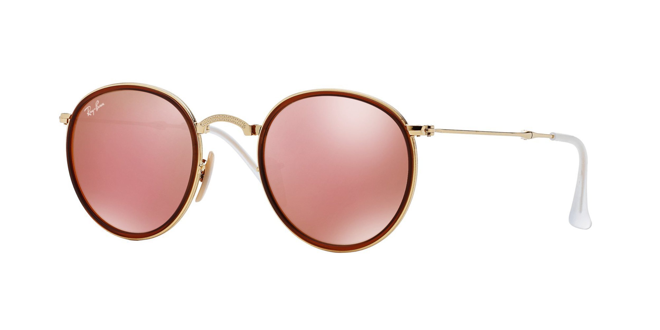 Ray-Ban Rb3517 Folding I Round Sunglasses, Gold/Light Brown Mirrored Pink, 51 mm