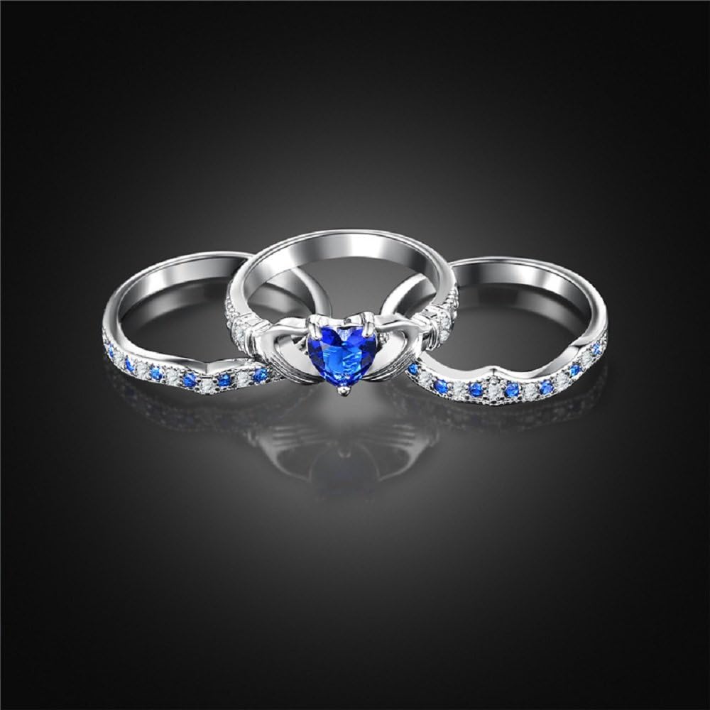 Uloveido Female Blue Love Heart Friendship Ring - Bridal Silver Color Stacking Wedding Engagement Rings Set - Best Promise Rings for Her HR314-8