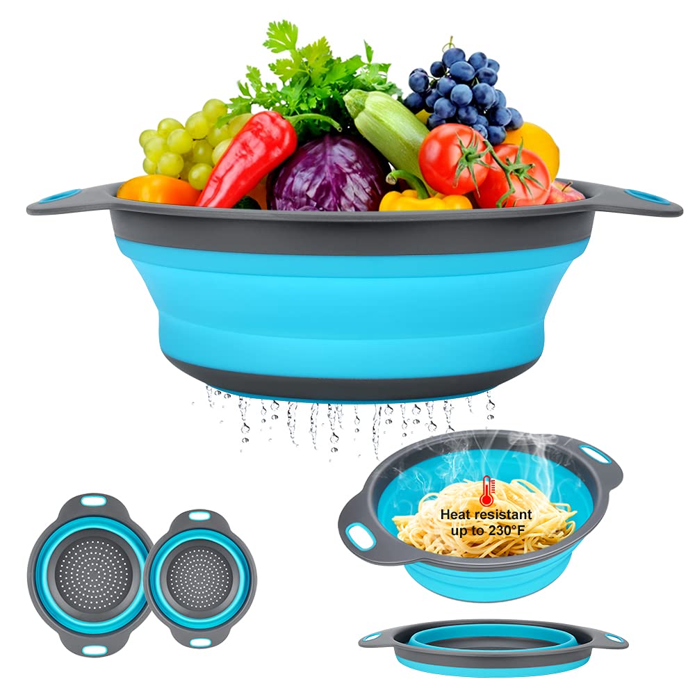 zoopod Collapsible Colander Basket 2 of Set,Vegetables Fruit Washing Basket Drain Tool,Small & Big Size Silicone Telescopic Colander with Handle For Kitchen/Home/Restaurant Round Shape 3 Color(Blue)