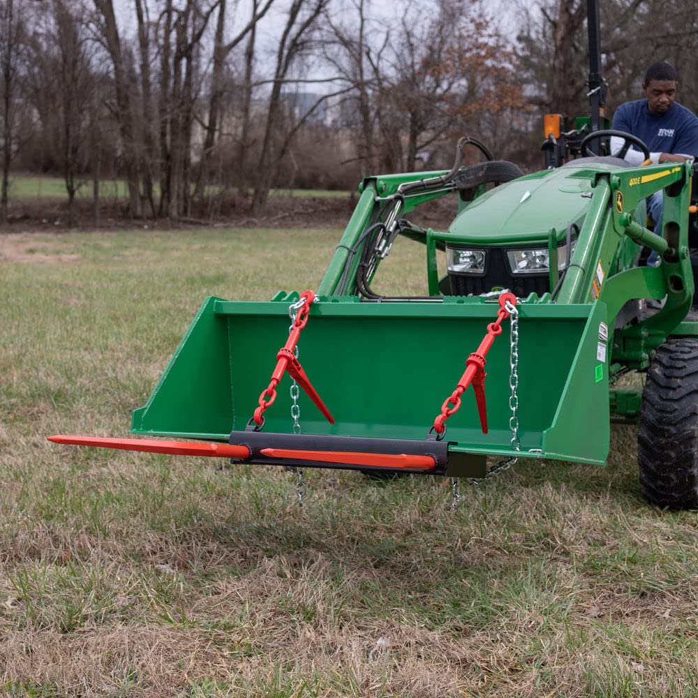 Titan Attachments Dual Prong 49" Hay Bale Spear Attachment, Universal HD Front Skid Steer Tractor Loader Bucket Attachment, 3000 LB Capacity, Conus 2 Tines, Chains and Ratchet Binders Included