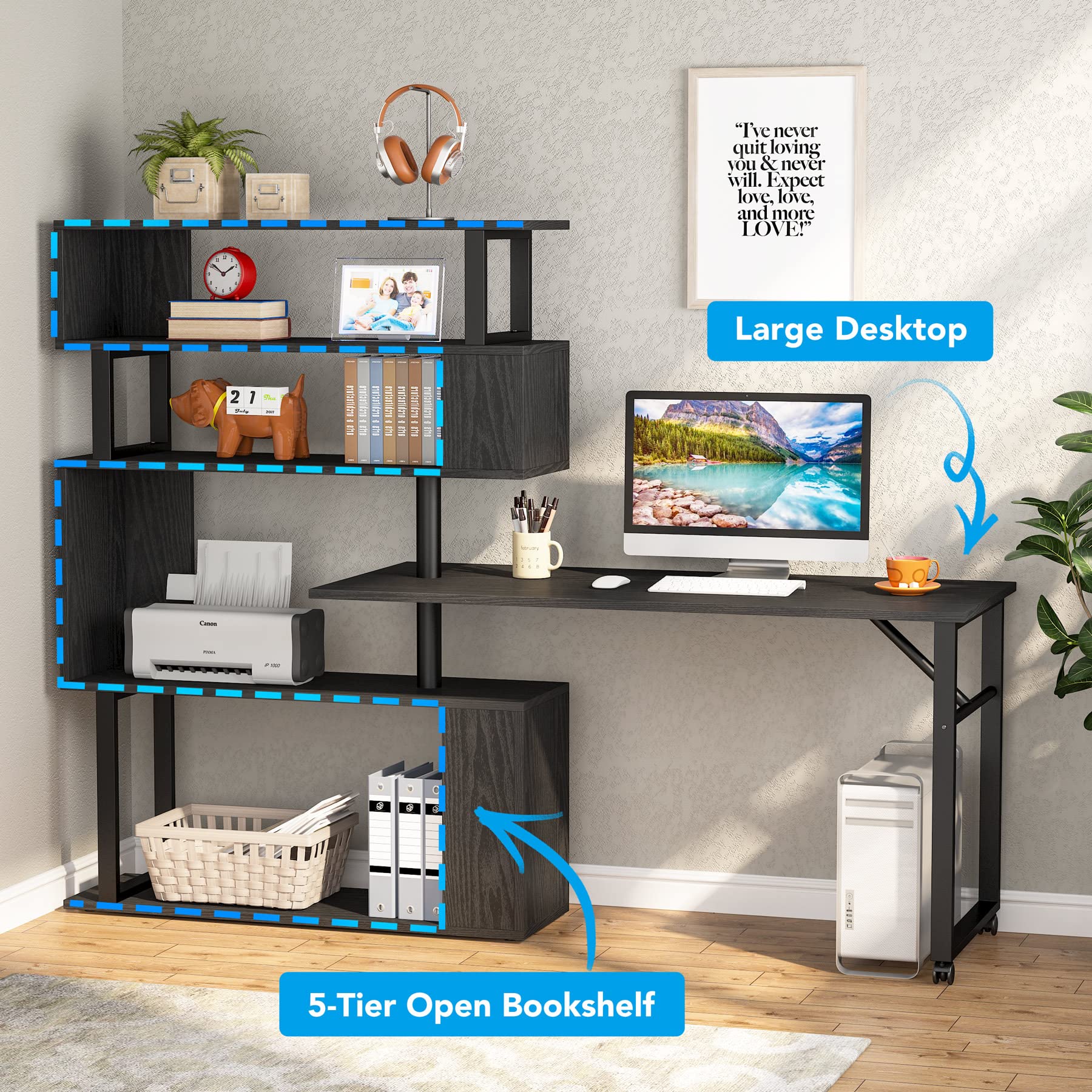 Tribesigns Rotating Computer Desk with 5 Shelves Bookshelf, Modern L-Shaped Corner Desk with Storage, Reversible Office Desk Study Table Writing Desk with Wheels for Home Office (Matte Black)