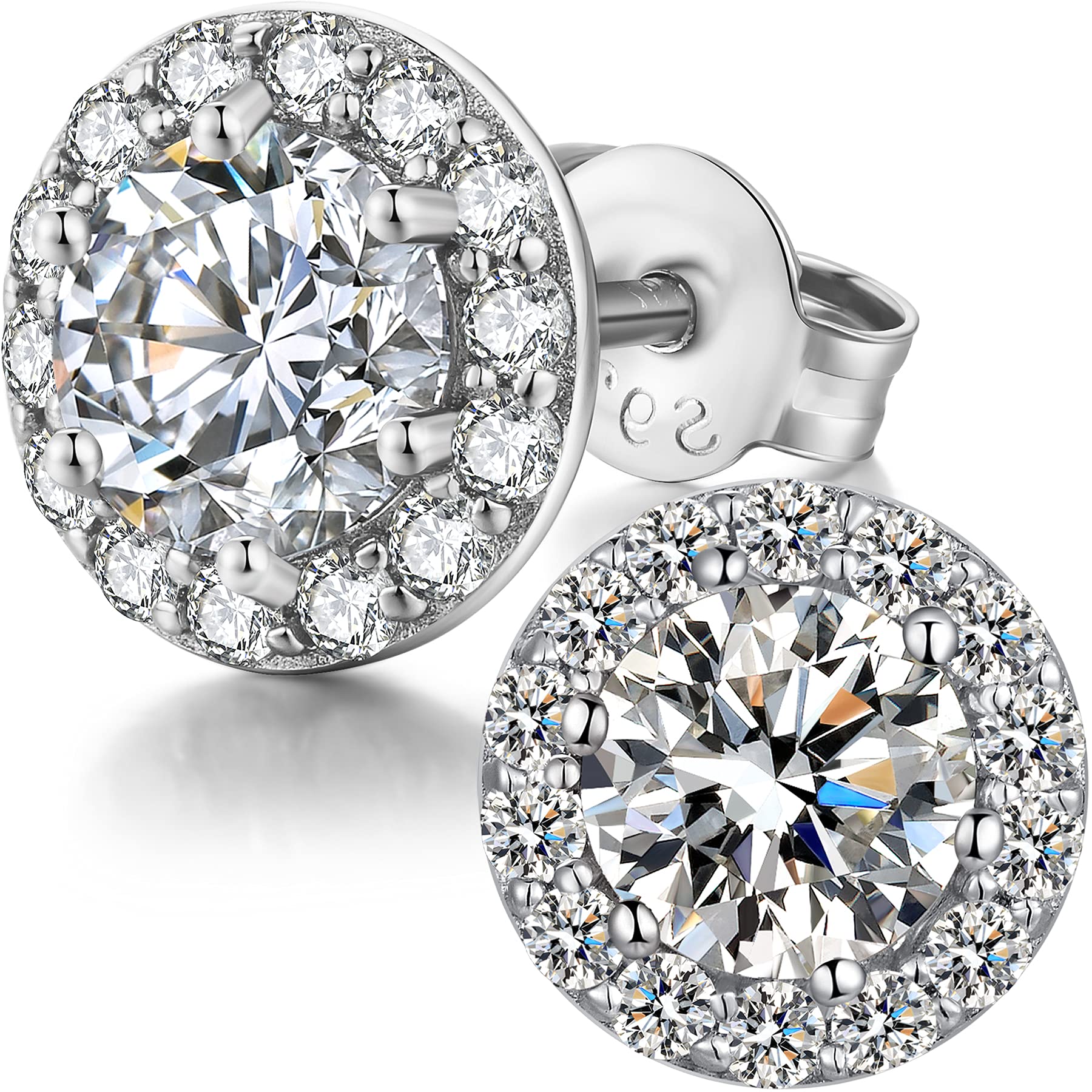 ZowBinBin Sterling Silver Round Cut Cubic Zirconia Stud Earrings, Halo Stud Earrings for Christmas Day, Valentine's Day, Anniversary, Birthday and Wedding/Engagement White