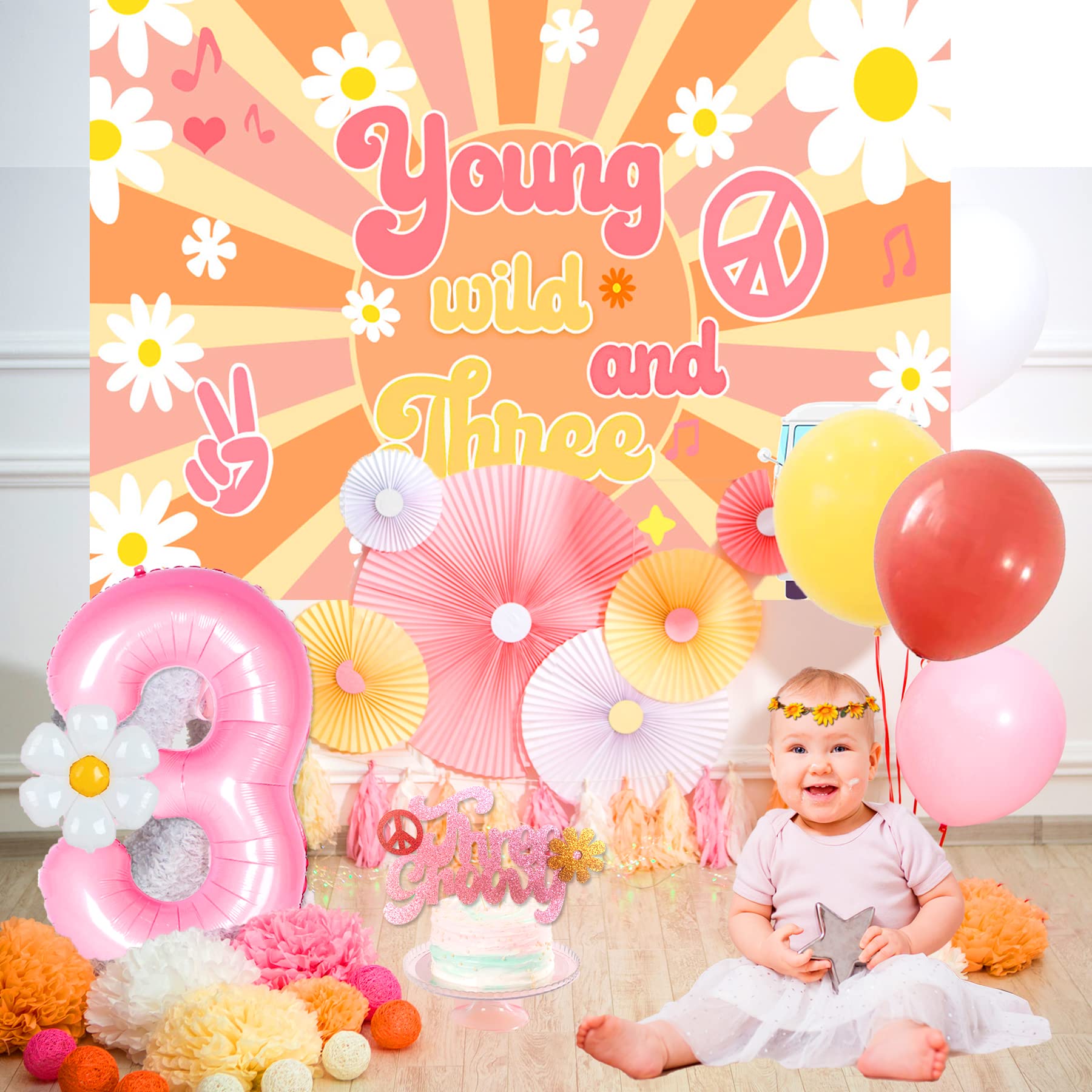 Young Wild and Three Decorations Girl, Three Groovy Birthday Party Decorations,Balloons, Backdrop Cake Topper, Sunglasses for Groovy Birthday Party Decorations, Hippie 3rd Birthday Party Decorations