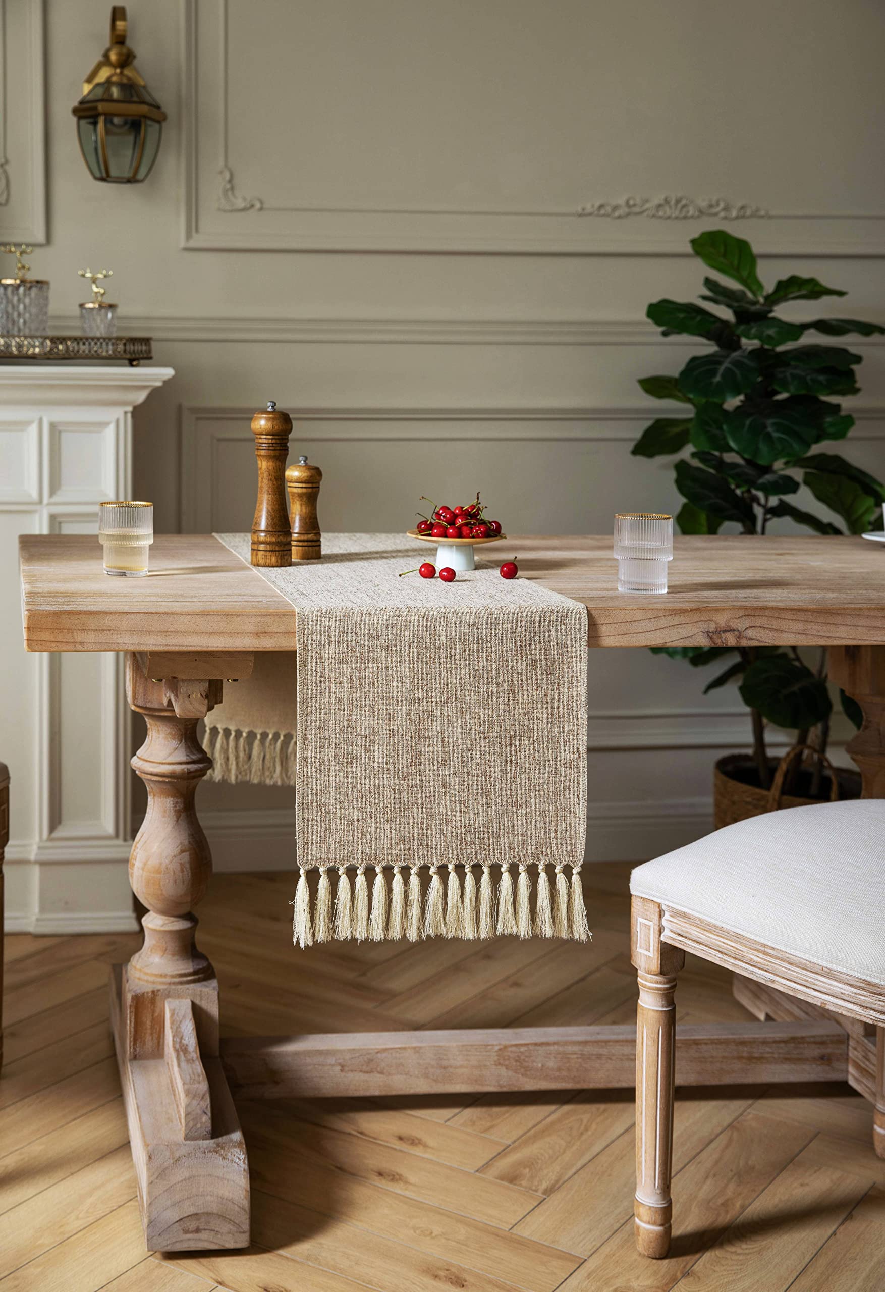 ZeeMart Beige Table Runners 90 Inches Long, Burlap Linen Style Rustic Farmhouse Table Runner, Long Boho Dining Table Runner, 13x90 Inches, Oatmeal Beige