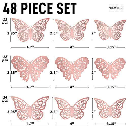 Zulay Home 3D Butterfly Wall Decor - 48pcs Butterfly Decor with 3 Wing Designs - Removable DIY Butterfly Decorations for Room, Birthdays, Parties, Cake, Weddings, Kids Bedroom (Metallic Rose Gold)