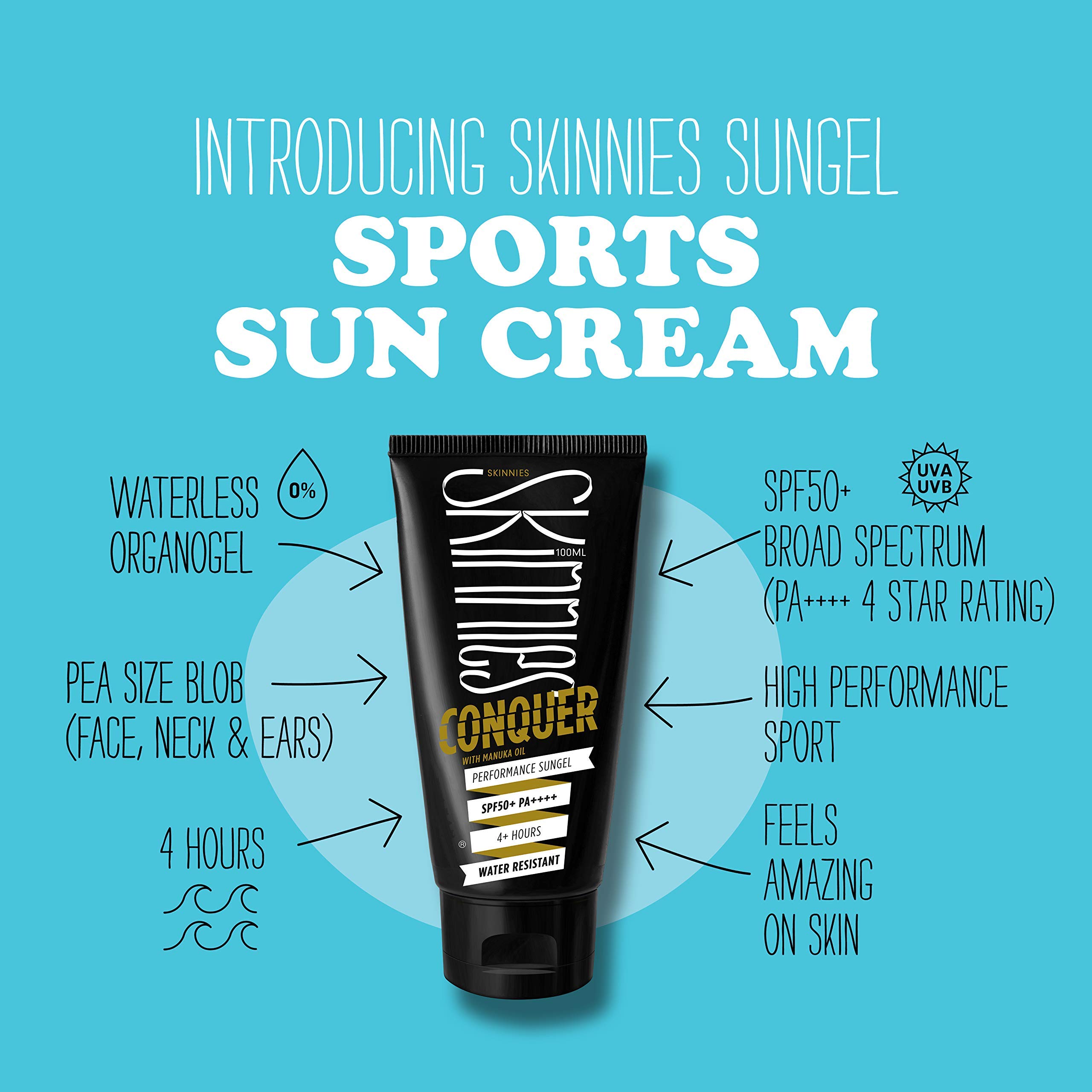 Skinnies 100ml SPF50+ CONQUER, Sungel Sun Cream, Broad Spectrum, Reef Safe, Water Resistant 4 hours