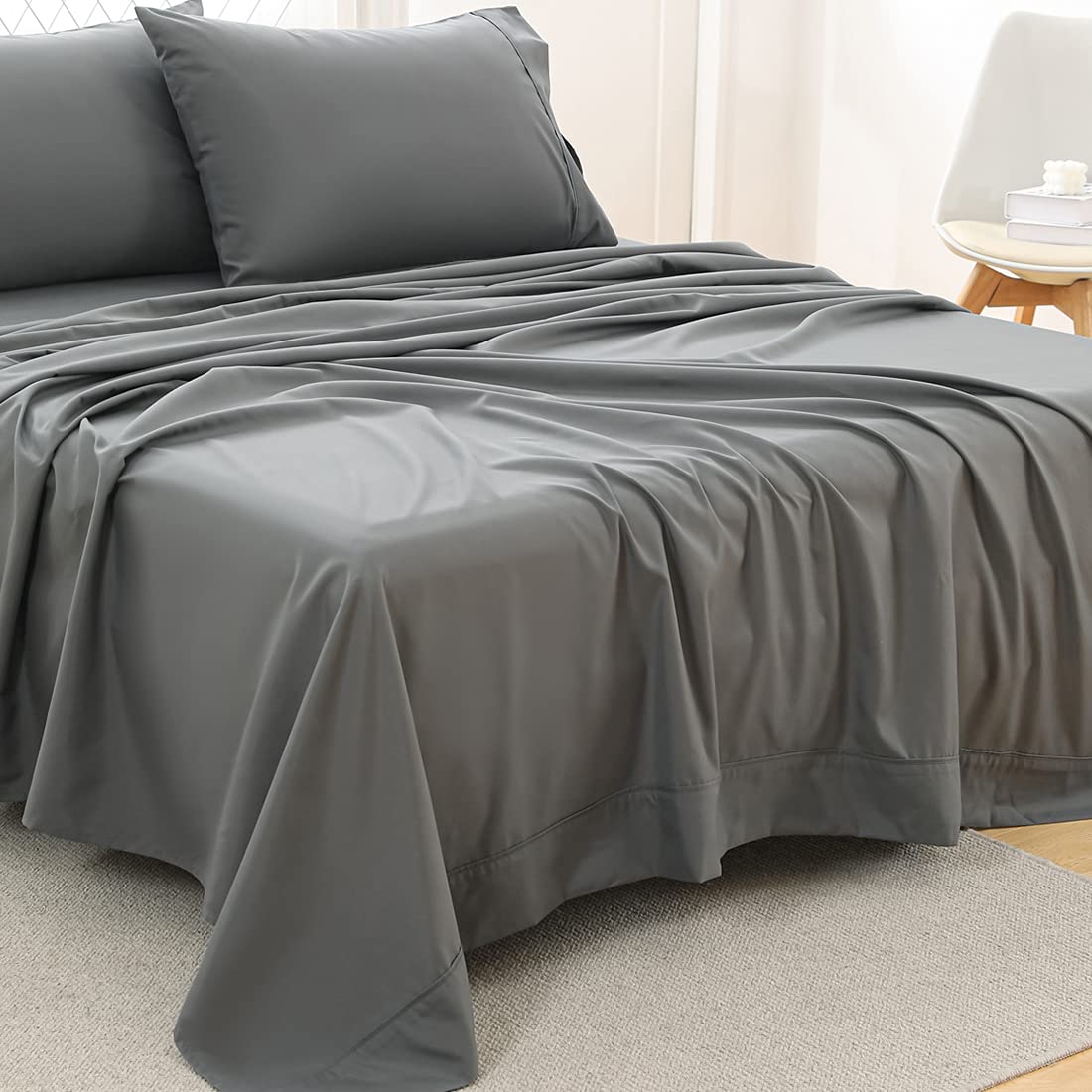 UNILIBRA Queen Bed Sheet Set,6 Pieces Super Soft Brushed Microfiber Sheets Set for Queen Size Bed, Luxury 1800 Thread Count, 16 Inches Deep Pockets, Wrinkle & Fade & Stain Resistant Grey Sheet Sets