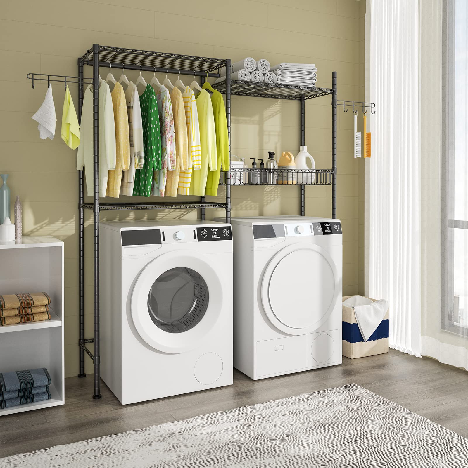 Ulif over Washer and Dryer Shelves, Laundry Room Storage Rack, Laundry Space Saver with Wire Basket and 2 Hooks, 57.8" L x 13.4" D x 76.7" H, Black