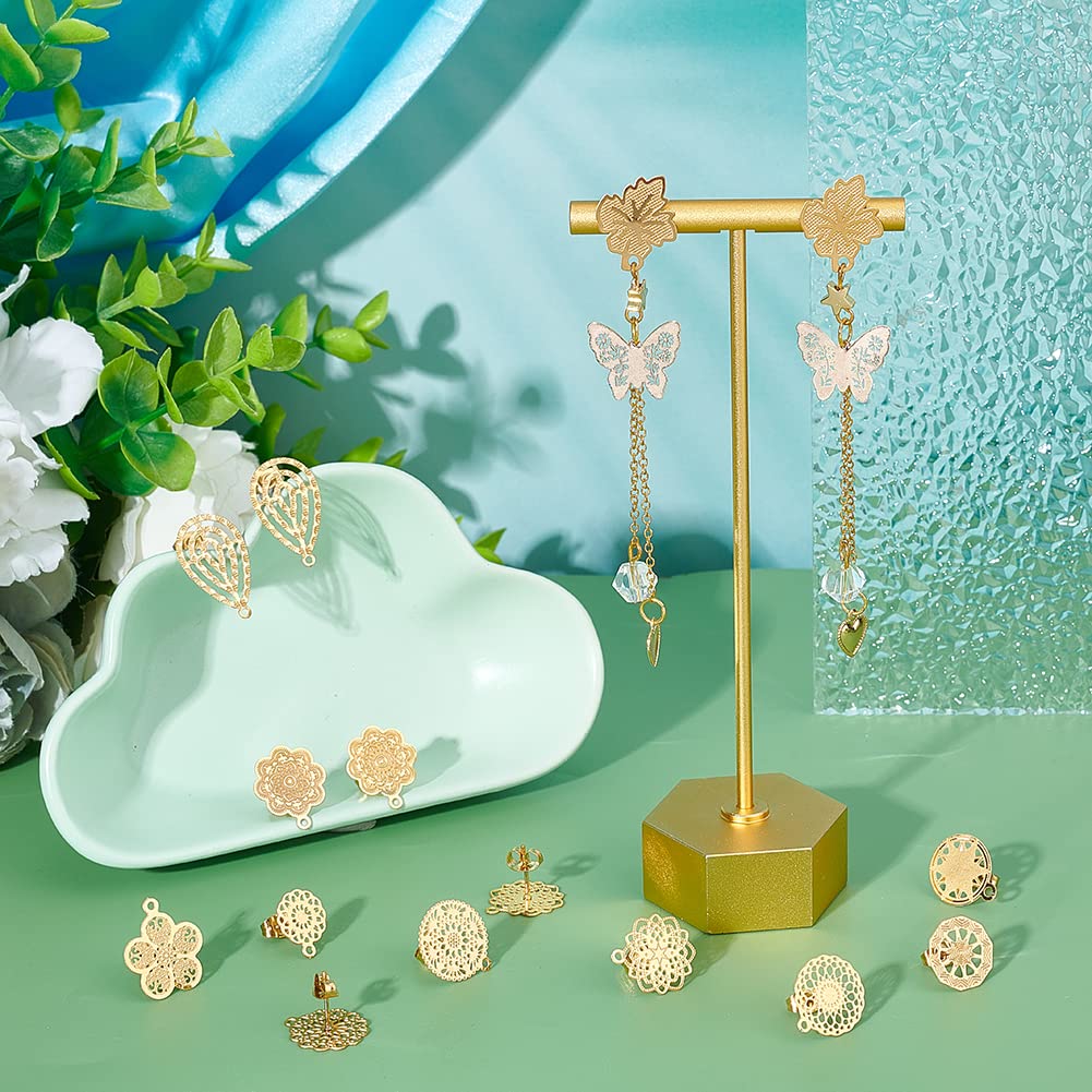 UNICRAFTALE 24pcs 12 Styles Golden Bohemian Stud Earring Findings Stainless Steel Ear Stud Component with Loop Butterfly Stoppers 0.7mm Pin Mixed Shapes Earring for Jewelry Making, Hole 1mm
