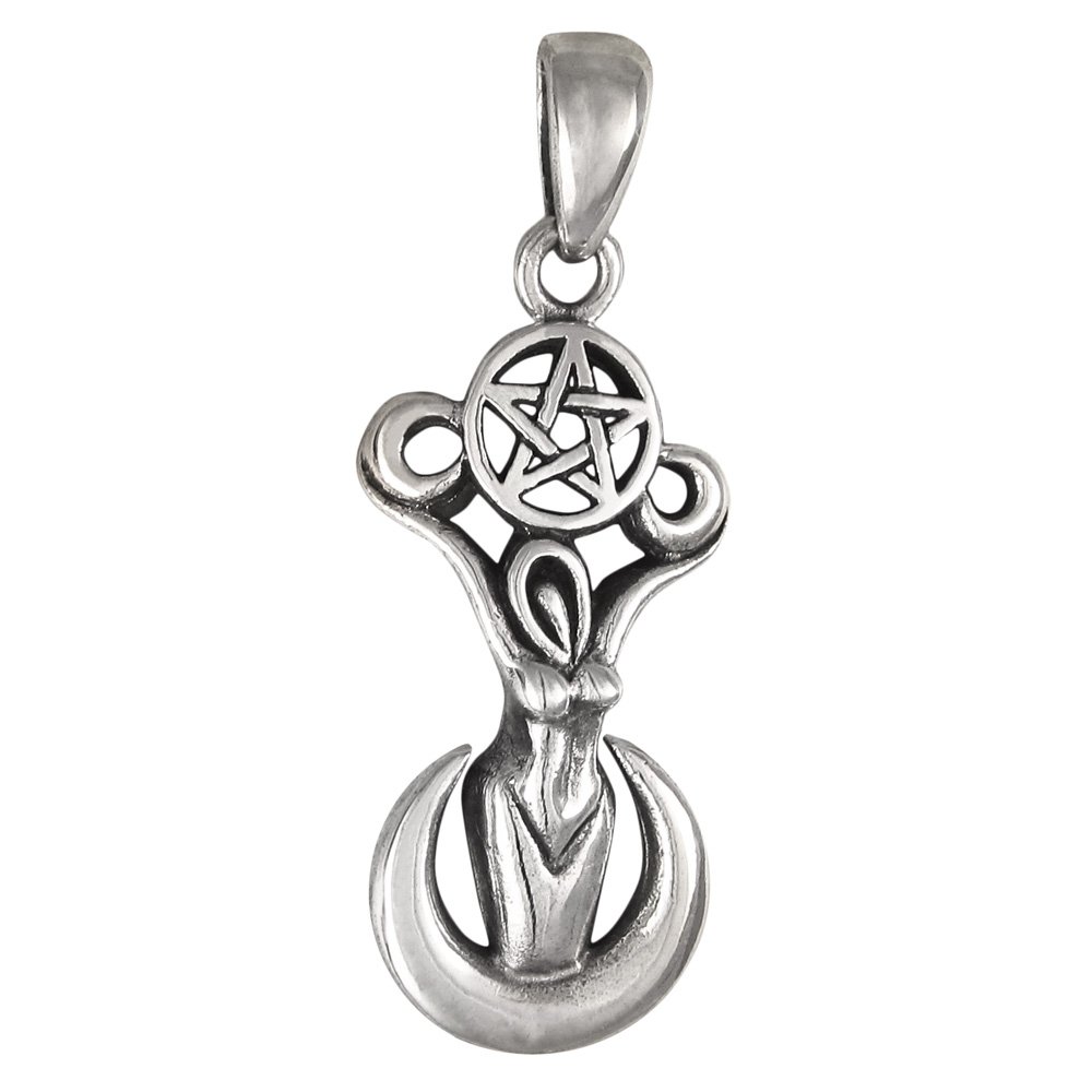 Triple Moon Goddess Pendant - Sterling Silver Wiccan Lunar Pentacle Women Jewelry