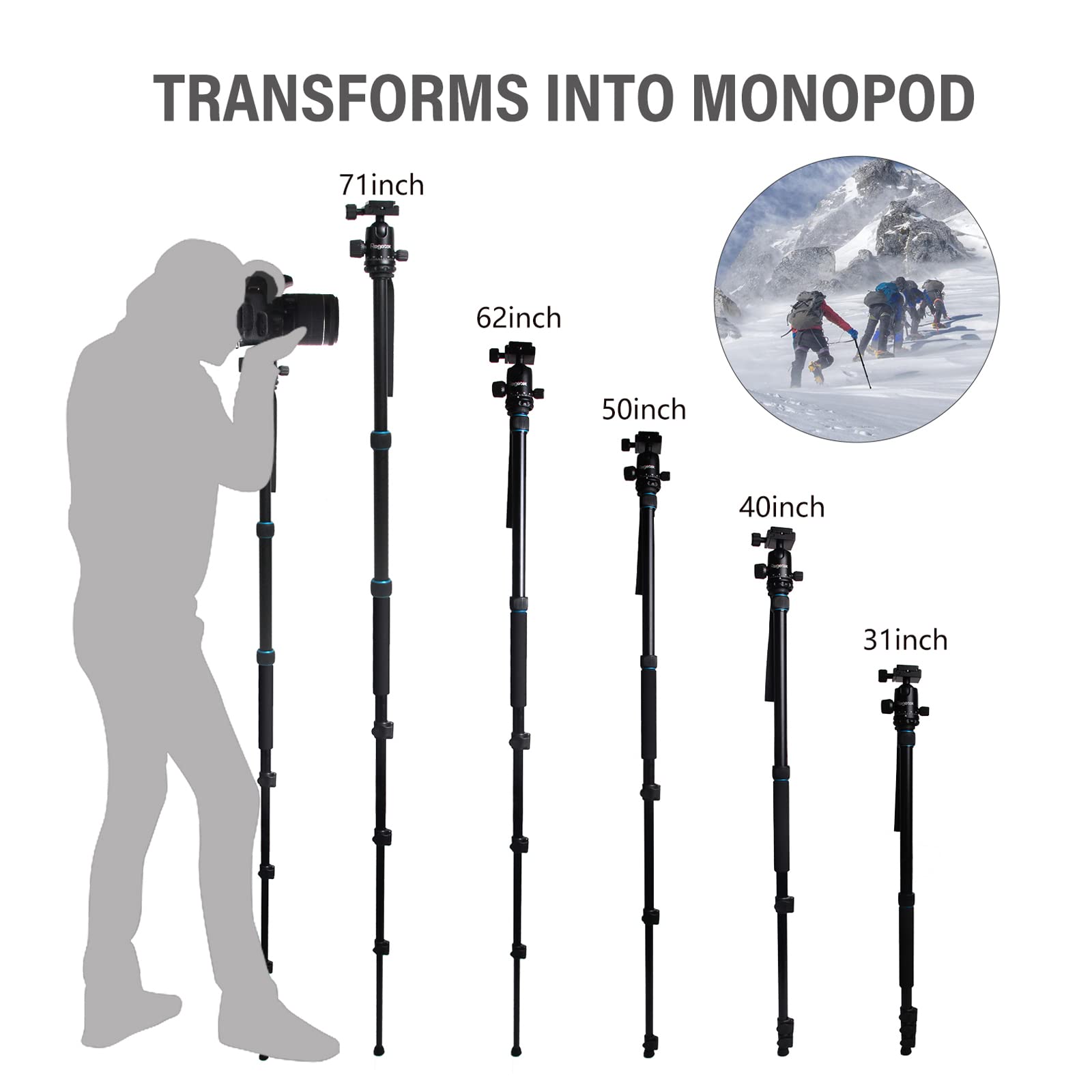 Tripod for Camera, Regetek 71" Camera Tripod, Professional Aluminum Tripod Monopod with 360 Degree Ball Head,Travel Tripod for Canon Sony DSLR Camera, Spotting scopes, Binoculars, Camcorders