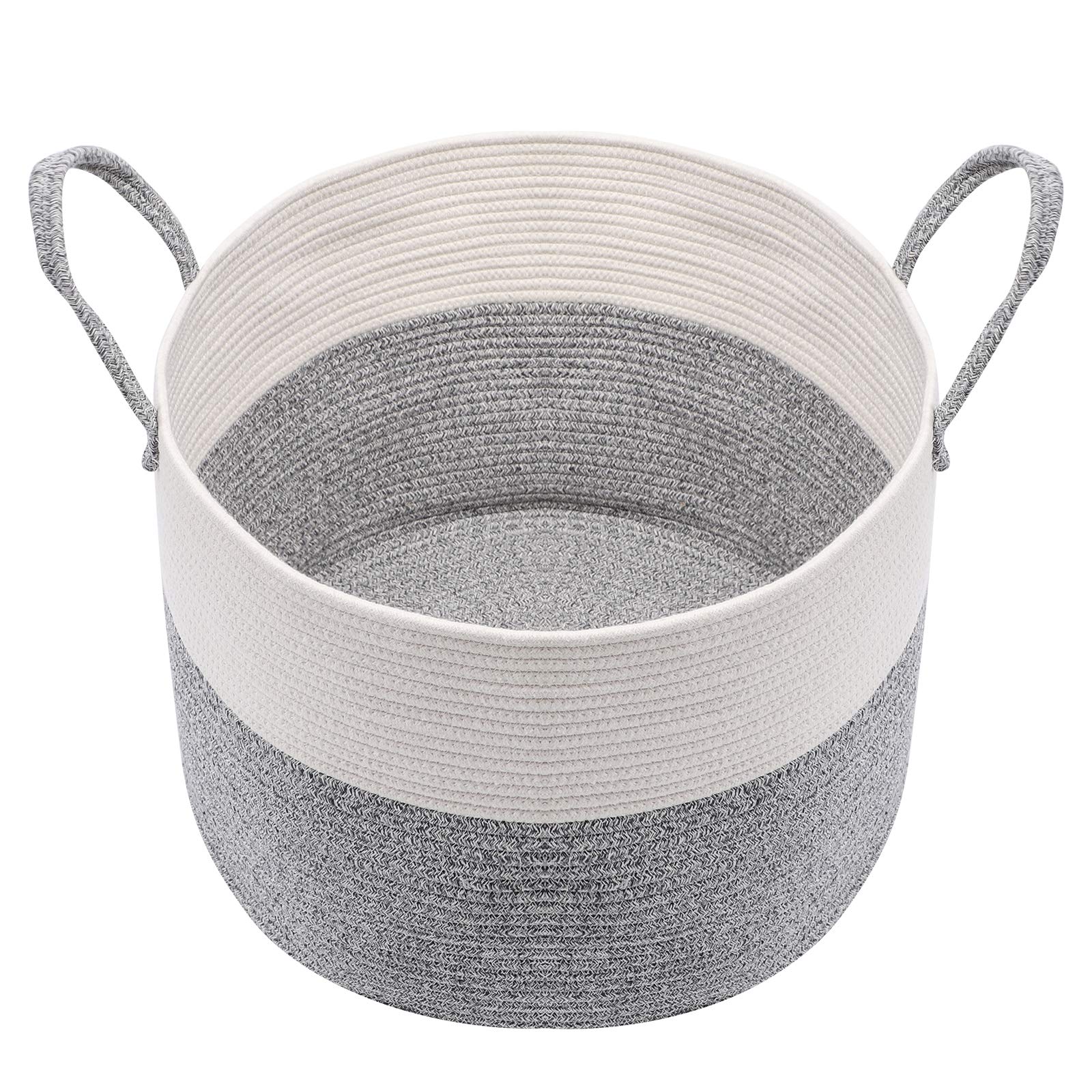 SONGMICS Cotton Rope Basket Storage with Handles, Laundry Hamper for Clothes, Blankets, Living Room, Bedroom, Gray + Beige
