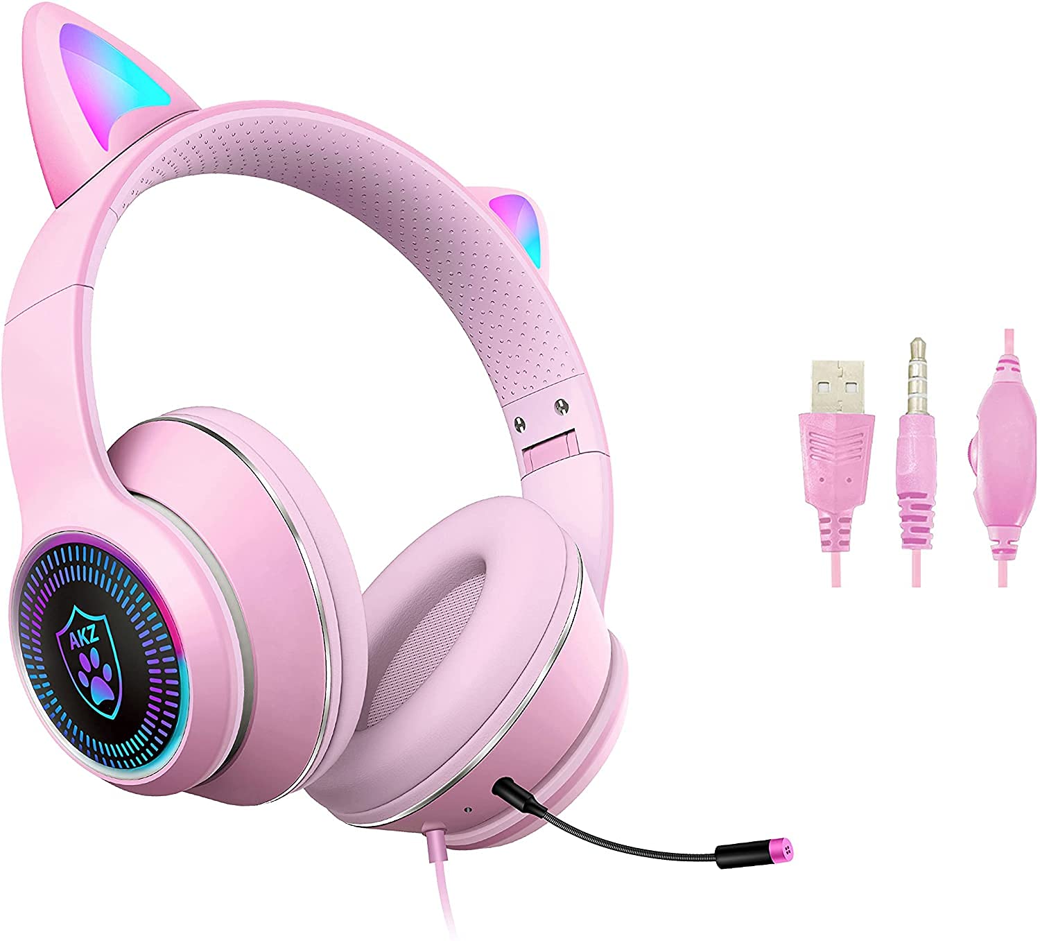 Zuri Sana Cat Ear Gaming Headphones Wired AUX 3.5mm with LED Light, Foldable Stereo Game Music Sound Over-Ear Headsets with Microphone Kids Adult Gift for PC, PS4, Switch, Cellphone, Pad, Laptop