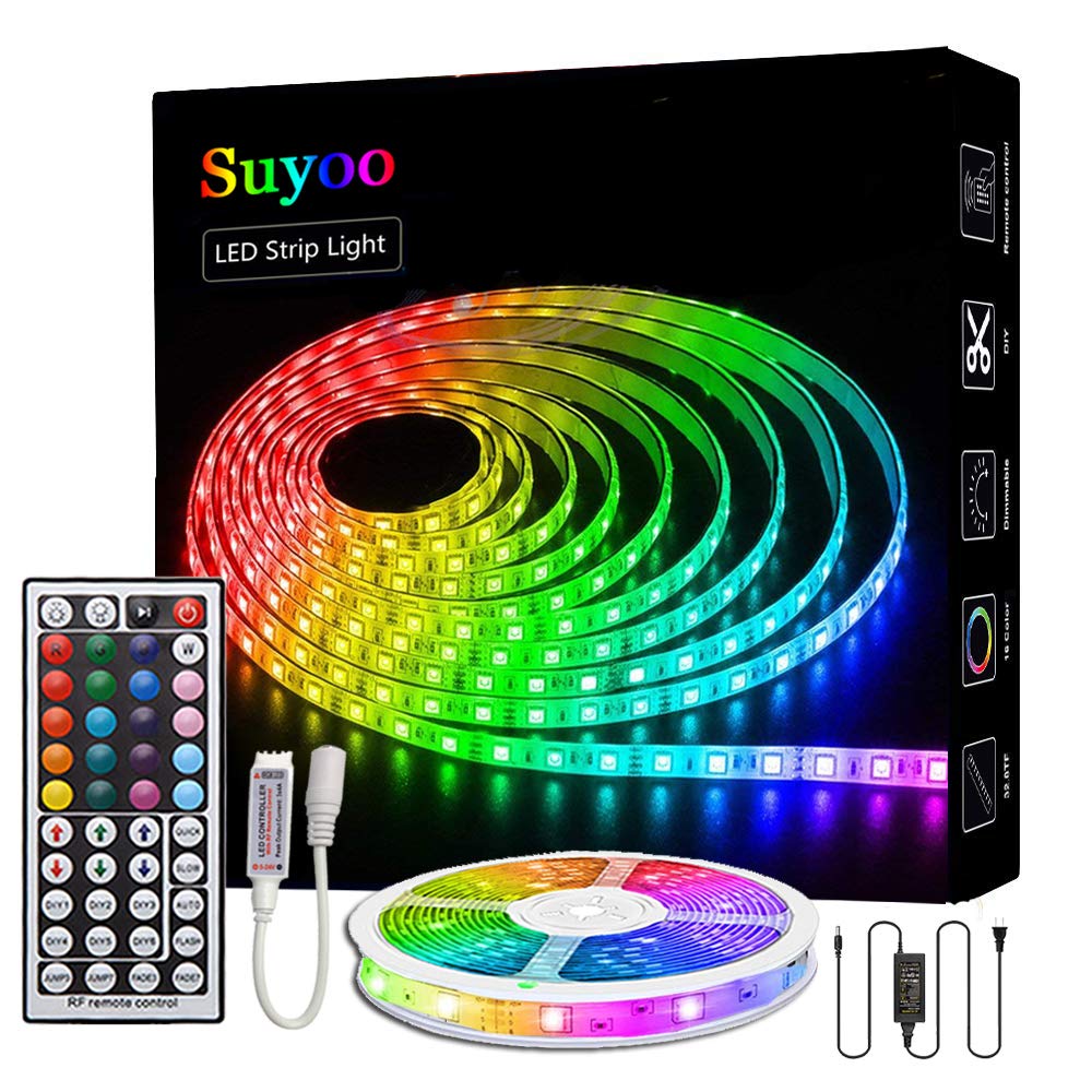 Suyoo LED Strip Light Kit 16.4ft/5m 240LED Flexible Color Changing RF Remote Led Lights Strips 5050 RGB Rope Light with 44 Key Controller 12V3A Power Supply