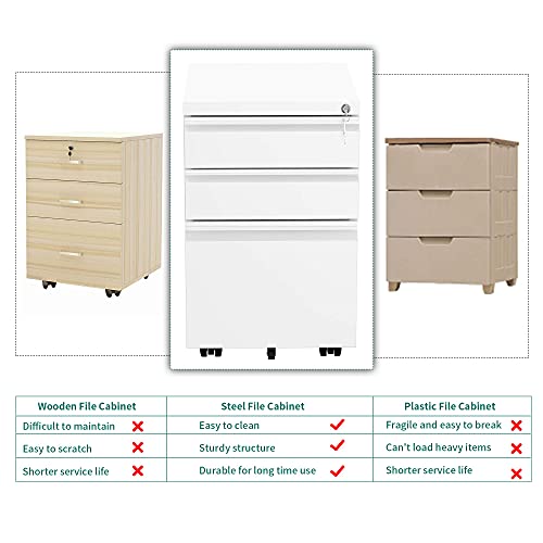 YITAHOME 3-Drawer Mobile File Cabinet with Lock, Office Storage Filing Cabinet for Legal/Letter Size, Pre-Assembled Metal File Cabinet Except Wheels Under Desk-White