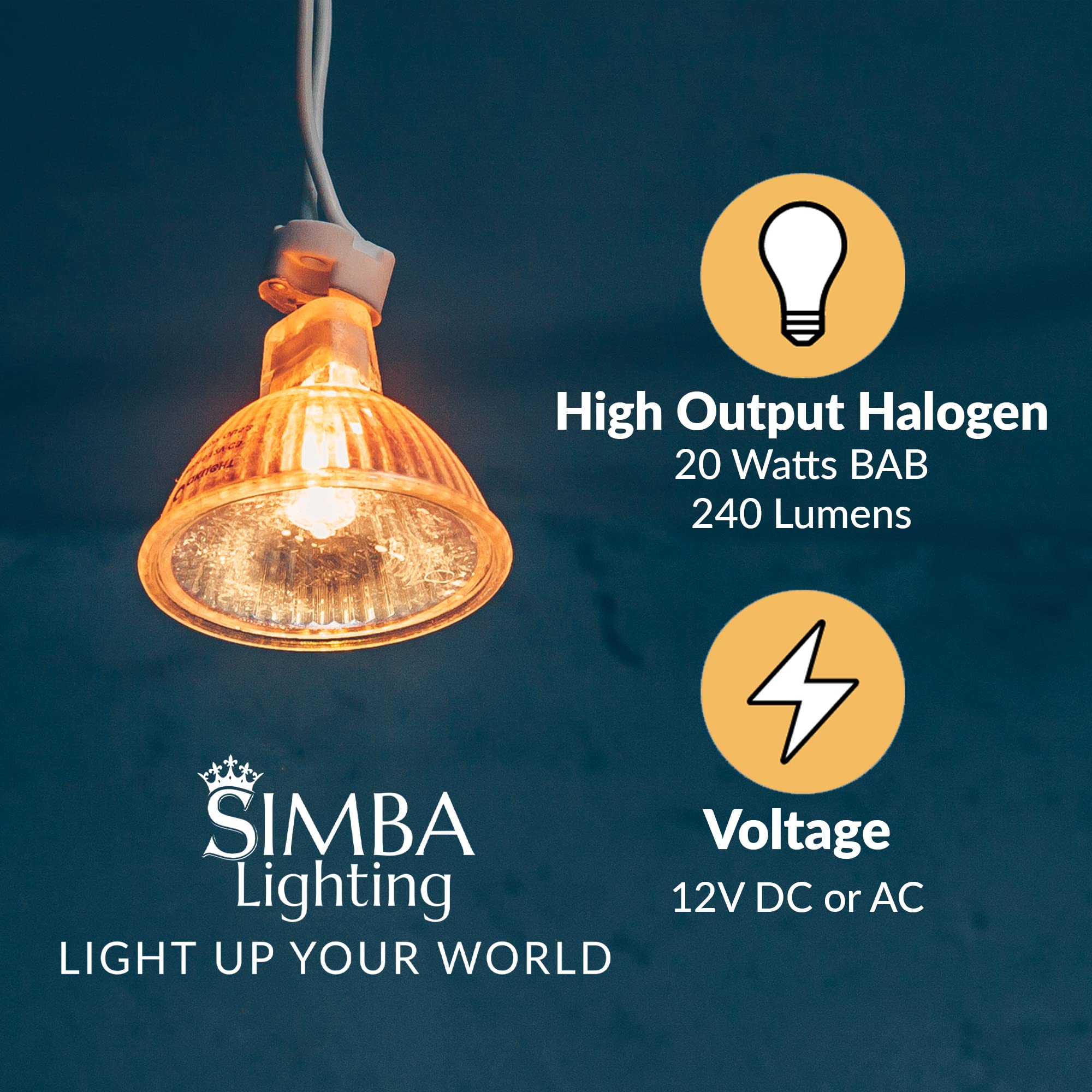 Simba Lighting Halogen MR16 20W 12V Light Bulbs (10 Pack) for Landscape, Track Lights, Fiber Optics, Desk Lamps, BAB C Spotlights with Glass Cover, GU5.3 Bi Pin Base, 2700K Warm White Dimmable
