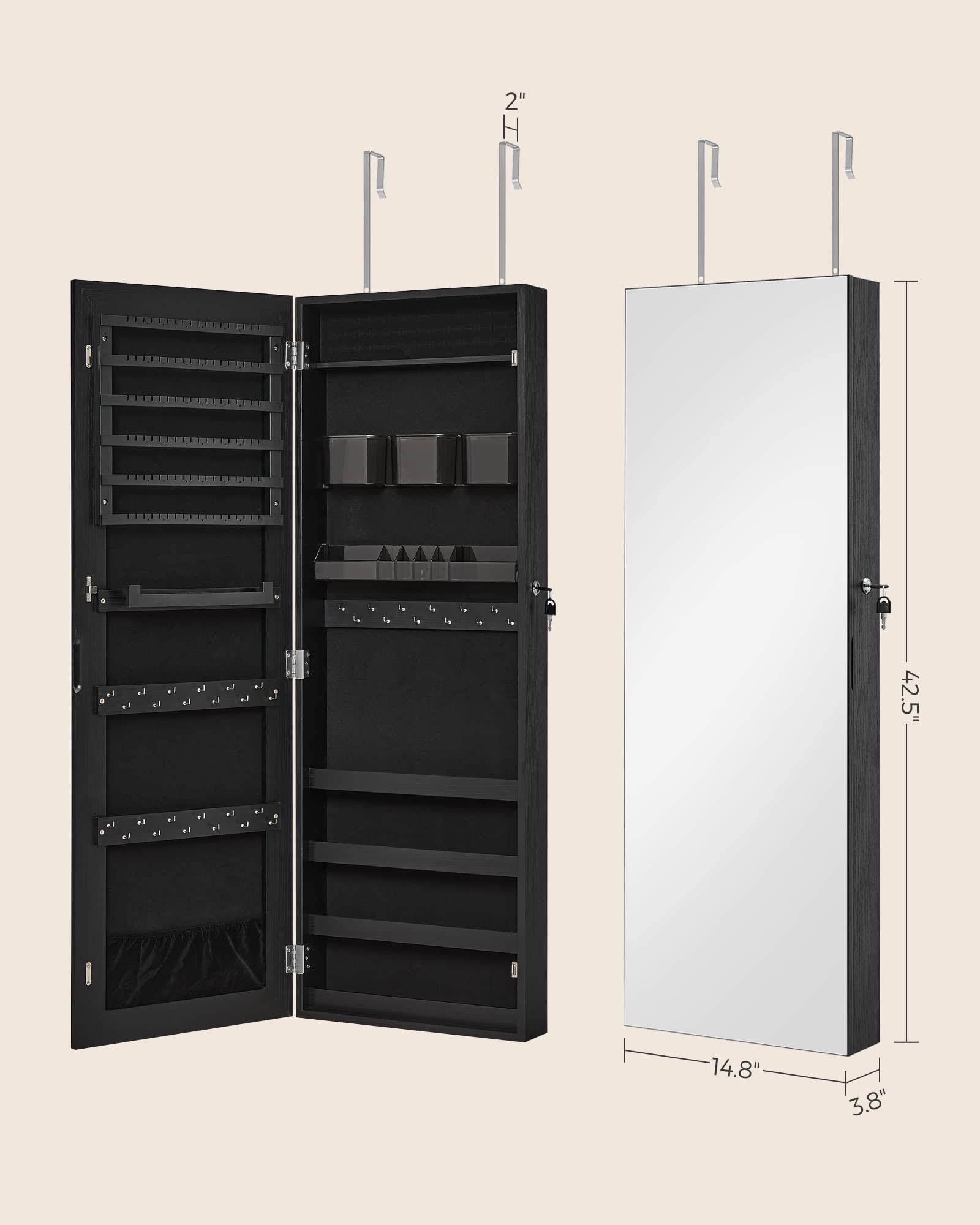SONGMICS Mirror Jewelry Cabinet Armoire, Wall or Door Mounted Jewelry Storage, Hanging Lockable Frameless with 2 Plastic Cosmetic Organizers, Gift Idea, Black UJJC001B01