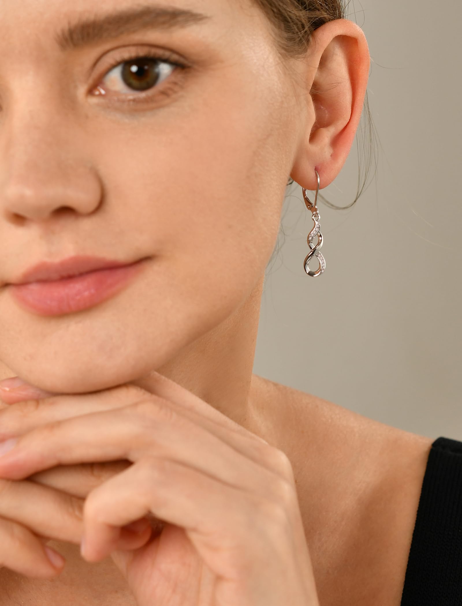YL Dangle Drop Infinity Earrings 925 Sterling Silver Leverback Earrings 18K White Gold Jewelry for Women