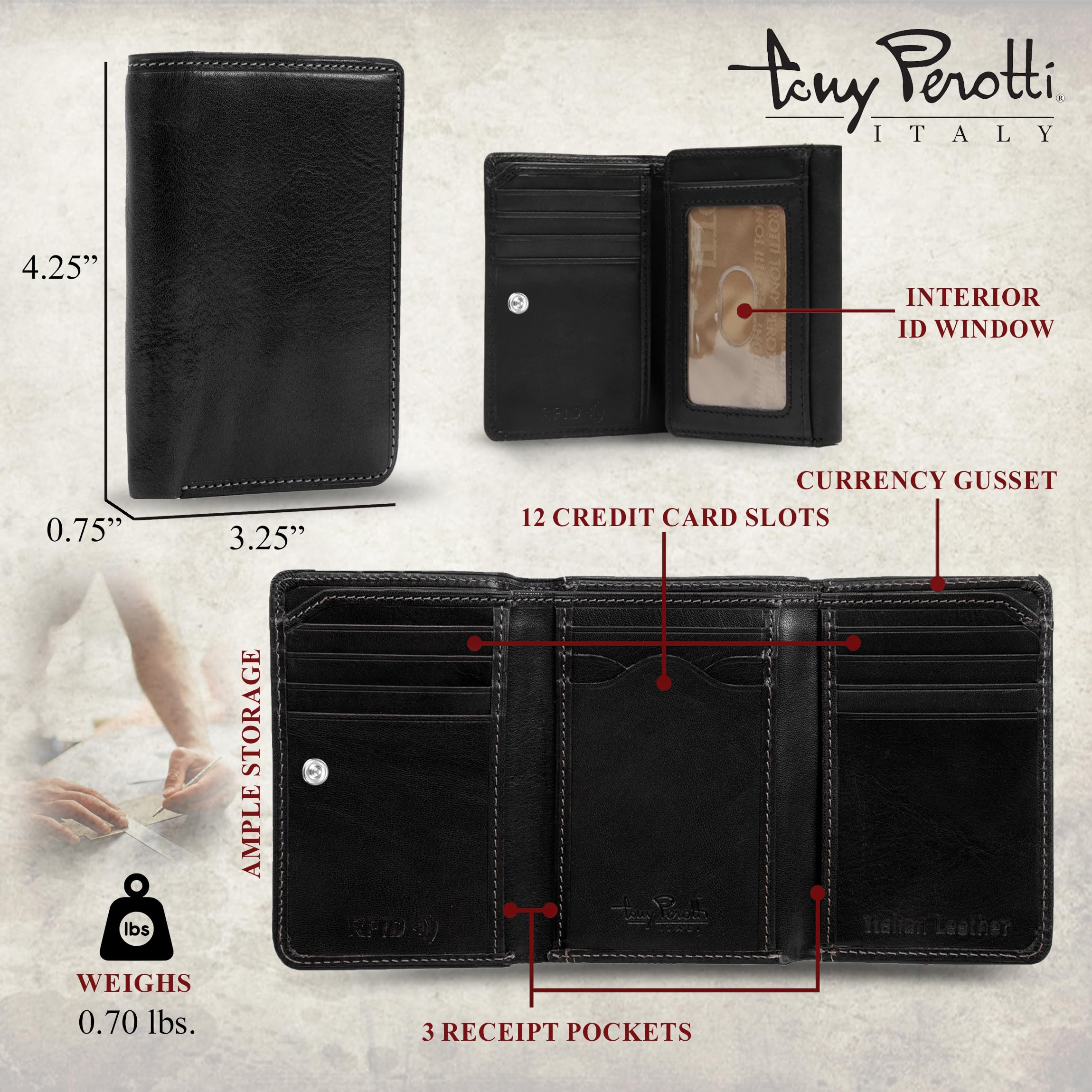 Tony Perotti Men's Italian Leather Trifold Wallet With ID Window, Card Holders, Currency Gusset, Receipt Pockets - Eco-Friendly Vegetable-Tanned Full Grain Leather
