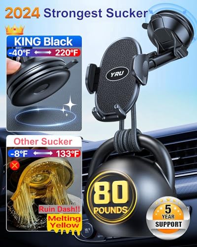 YRU [2024 Upgraded] Universal Car Phone Holder Mount【 360° Rotatable &Strong Suction】 Cell Phone Holder for Car Dashboard Windshield Phone Holder Dash Stand for iPhone 15 14 13 Samsung Truck, Black