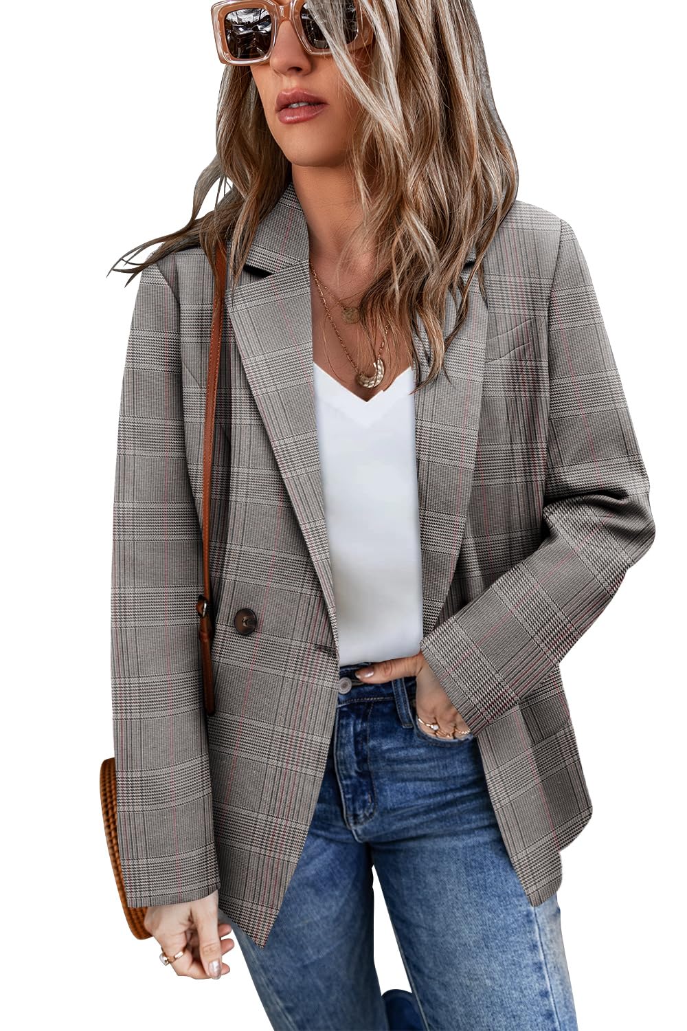 Women's Casual Blazer Long Sleeve Lapel Open Front Work Office Professional Plaid Blazer Jacket for Women Brown Plus Size 2XL