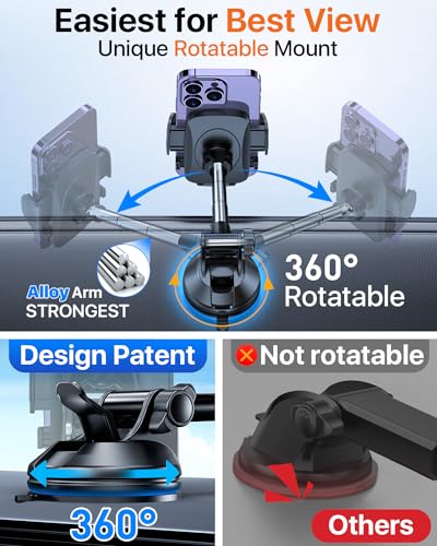 YRU True Military-Grade Car Phone Holder [2024 Upgraded Rotatable Strongest Suction Cup] Cell Phone Mount for Dashboard Windshield Truck Cradle Dash Stand for iPhone 15 14 13 12 Pro Max, Black