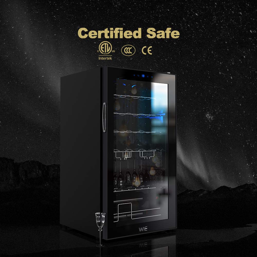 WIE 28 Bottle Wine Cooler Refrigerator Compressor Wine Fridge Freestanding Quiet Operation 41°F-64°F Cooling Wine Cellar Digital Touch Display UV-Protective Finish Auto-Defrost Double-layer Glass Door