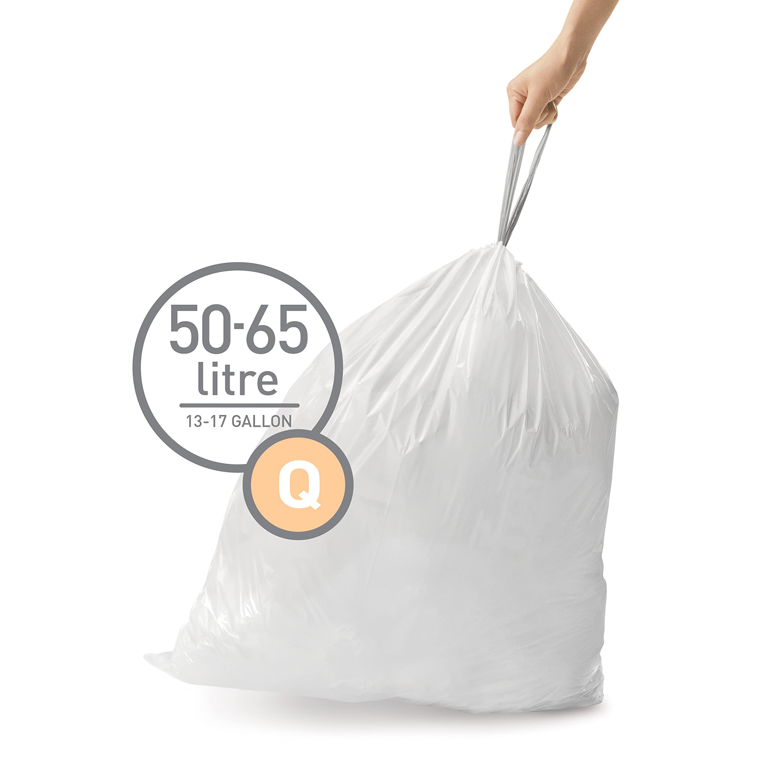 simplehuman Code Q 60 Count, Genuine Custom Fit Liners, Drawstring Trash Bags in Dispenser Packs, 50-65 Liter / 13.2-17.2 Gallon, White