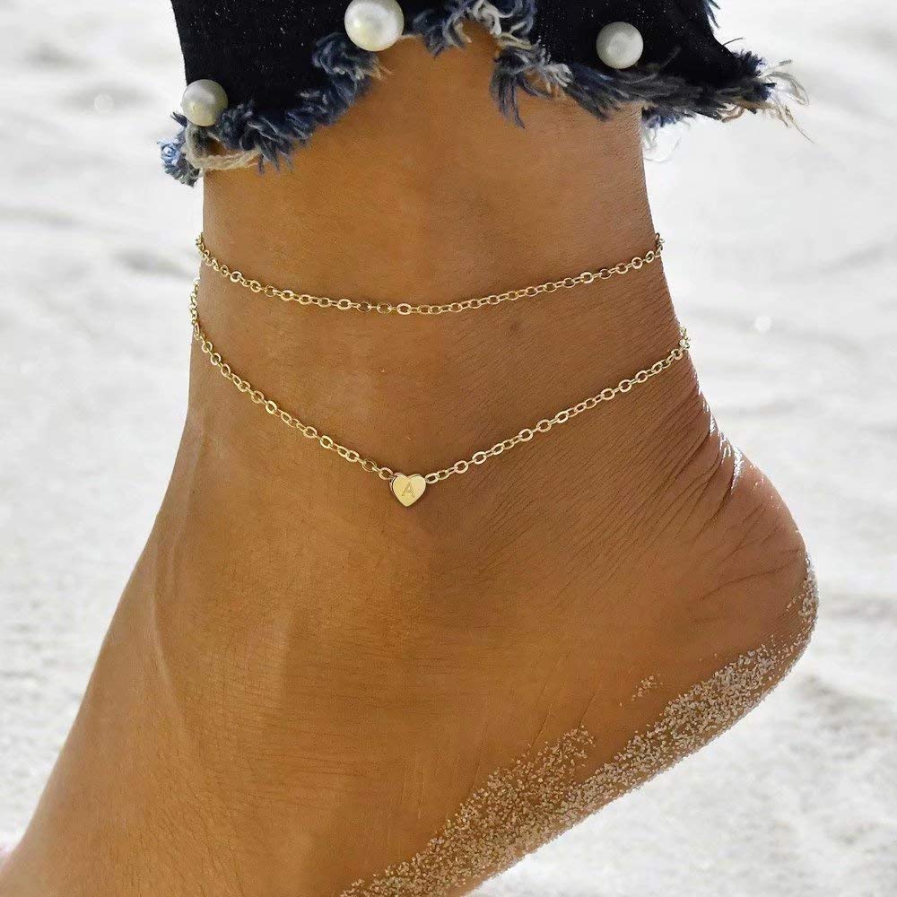Turandoss Heart Initial Anklet Bracelet for Women, 14K Gold Filled Layered Ankle Bracelet Summer Boho Beach Minimalist Initial Anklet for Women Anklet With Initials A