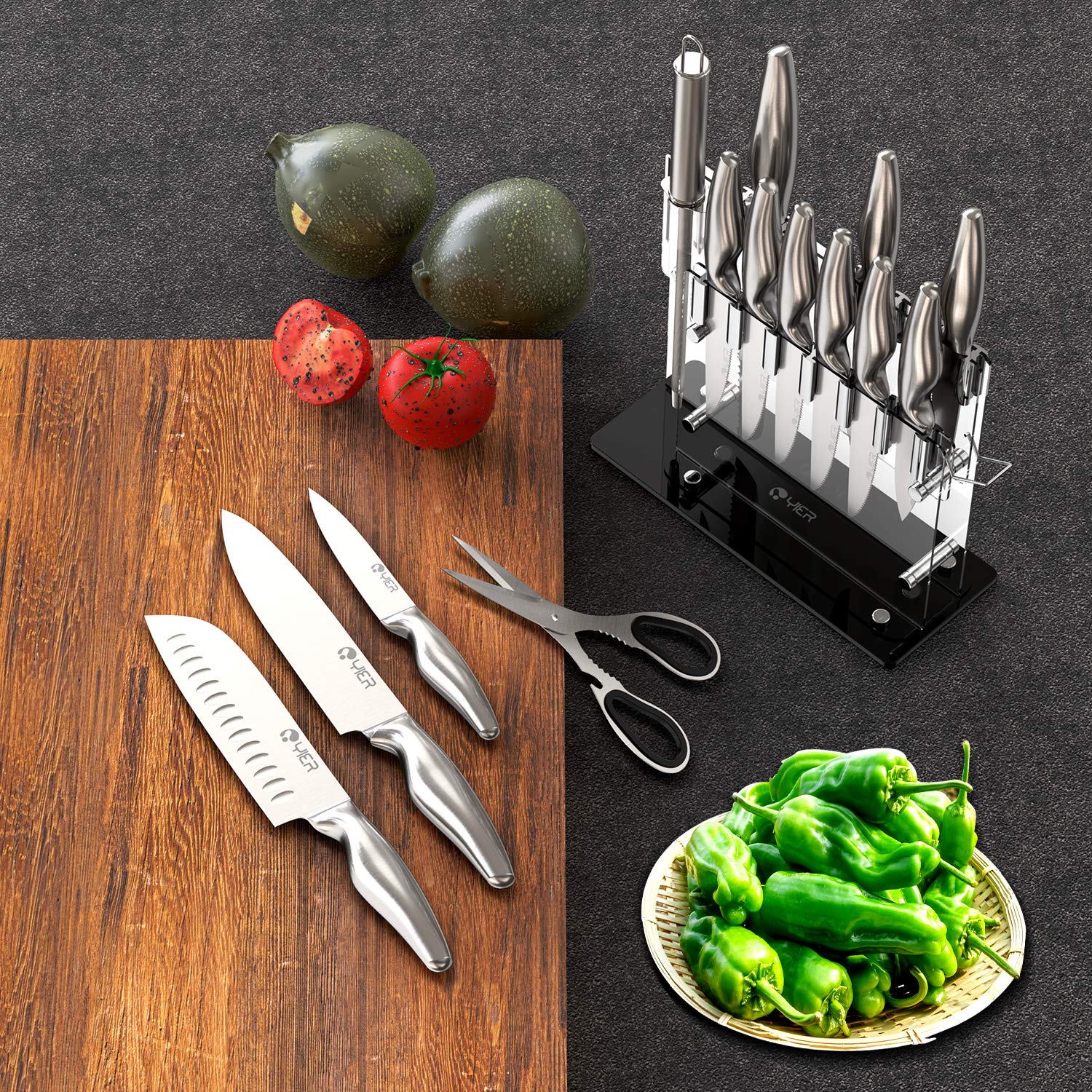 YIER Knife Sets,15 Pieces German High Carbon Stainless Steel Hollow Handle Self Sharpening Kitchen Knife Set with Finger Protection&Acrylic Stand-Best