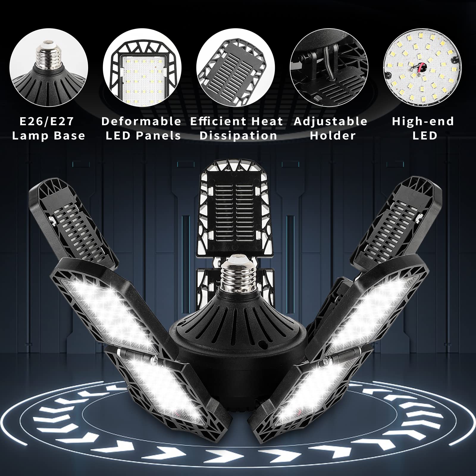 SUPERNIGHT 180W LED Garage Light, Deformable LED Garage Ceiling Lights with 10+1 Multi-Position Panels - 18000LM 6000K E26/E27 LED Shop Lights for Garage, Basement, Barn, High Bay Light