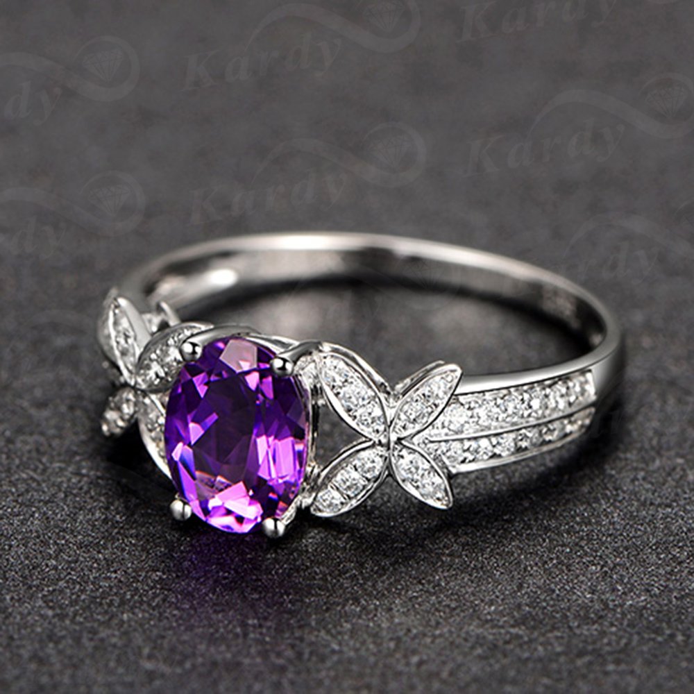 Unique Fashion 1.5ct Brazilian Amethyst Gemstone Real Diamond 14K White Gold Engagement Wedding Promise Ring for Women