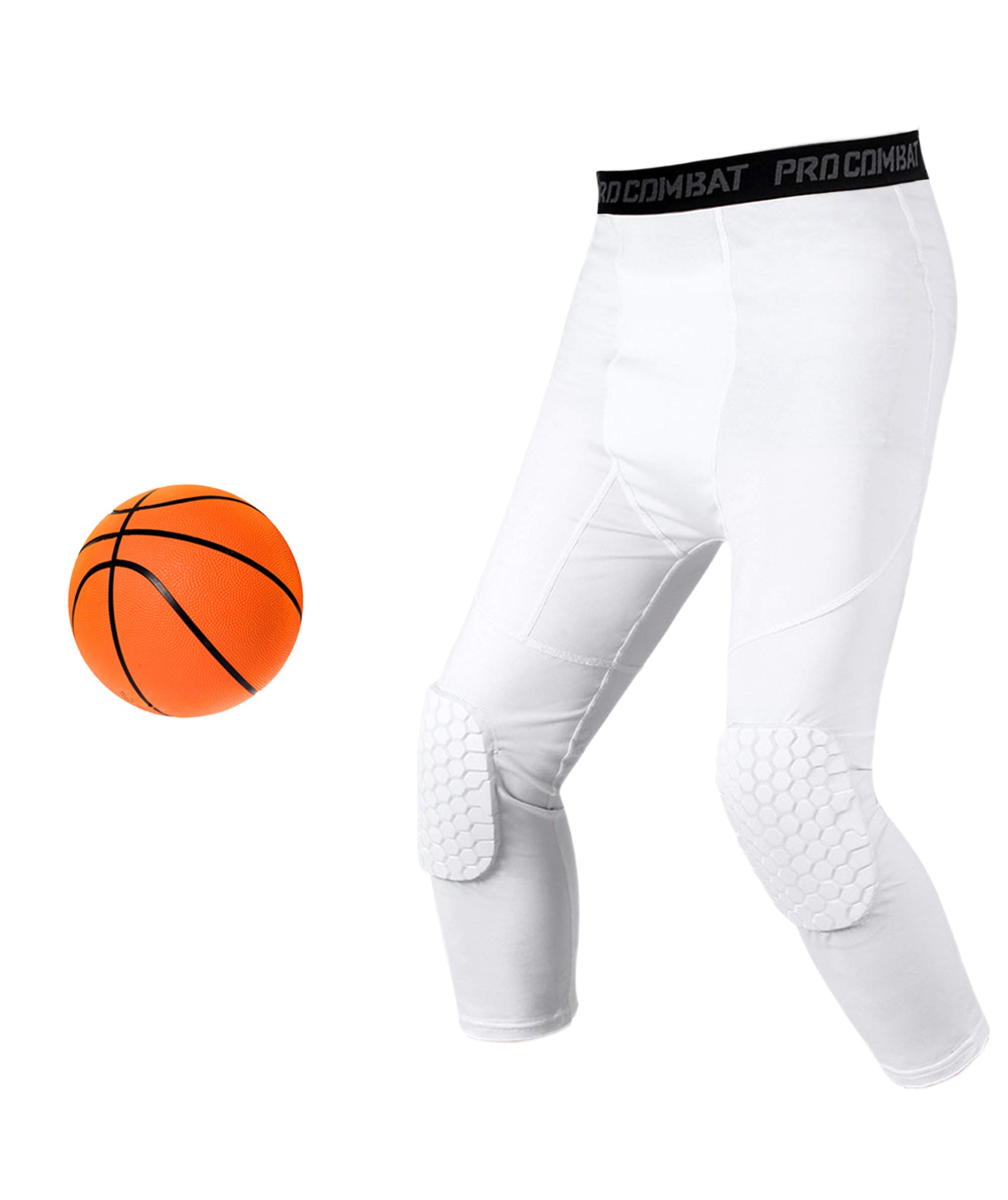 Unlimit Basketball Compression Pants with Pads, White 3/4 Capri Pants Padded, Basketball Tights Leggings (L)