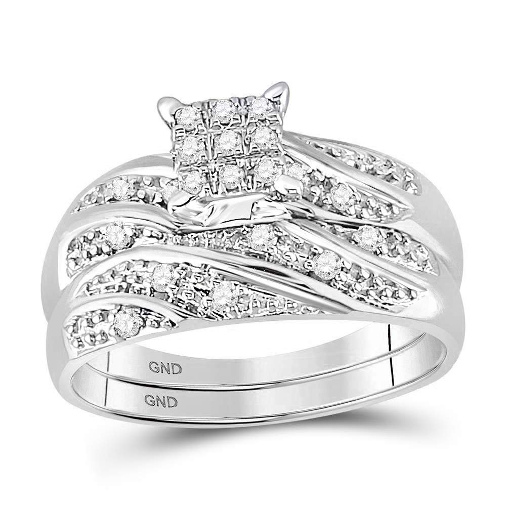 Sizes - L = 5, M = 11 - 10k White and Yellow 2 Two Tone Gold Mens and Ladies Couple His & Hers Trio 3 Three Ring Bridal Matching Engagement Wedding Ring Band Set - Round Diamonds - Princess Shape Center Setting (1/4 cttw) - Please use drop down menu to se