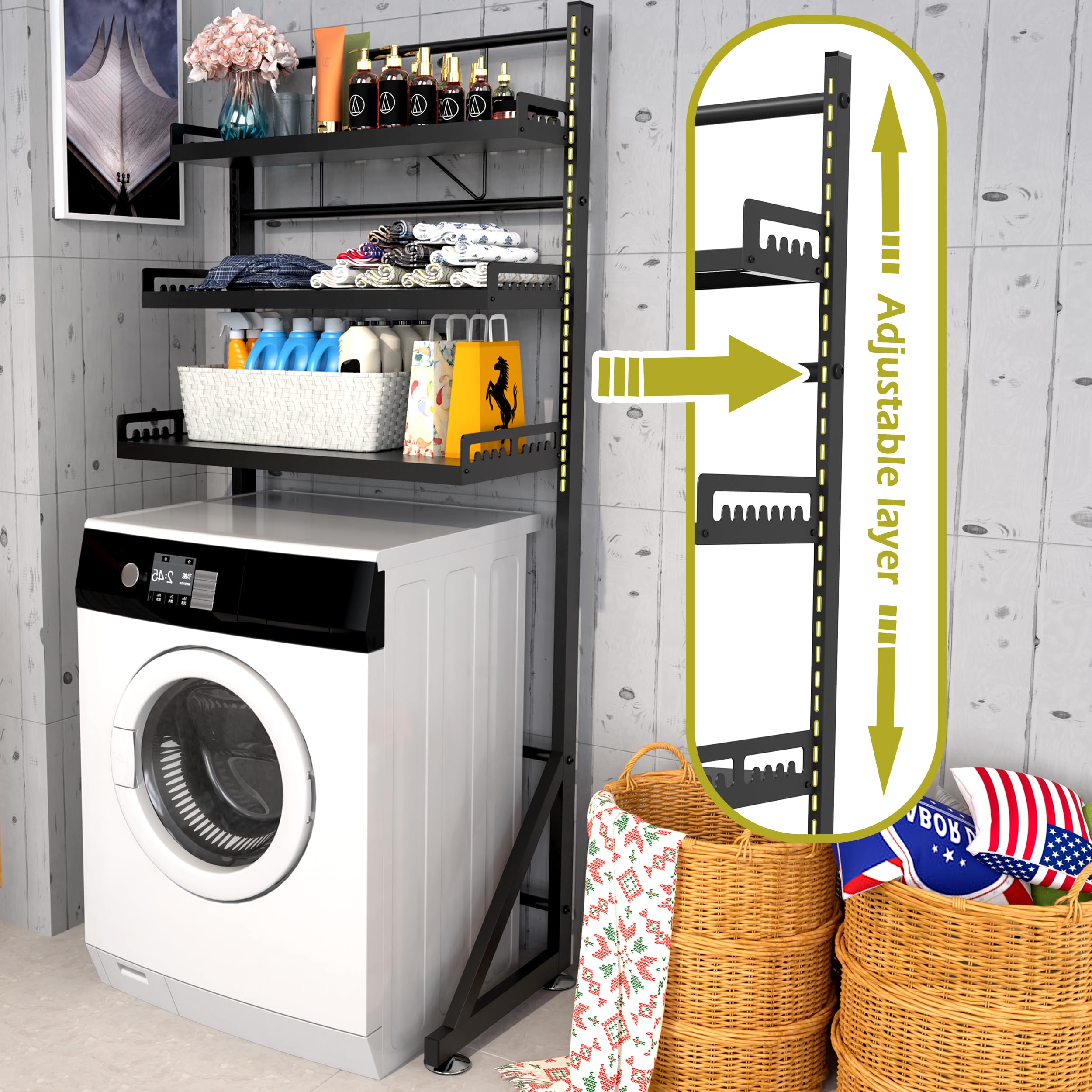 Supfirm 3-Tier Height Adjustable Washing Machine Storage Rack, Bathroom Large Storage Rack Organizer for Space Saver (Black)