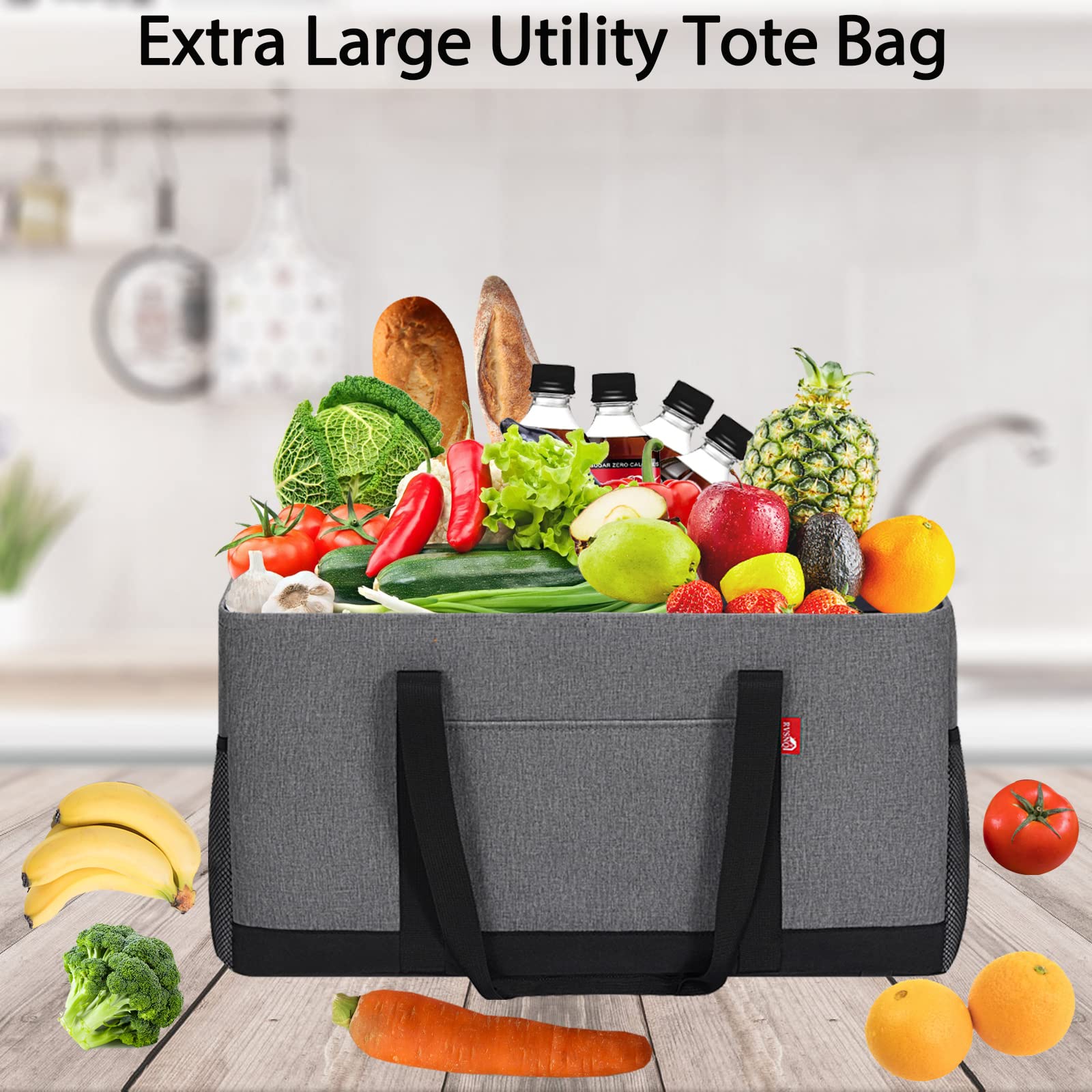 RVSNQ Extra Large Utility Tote Bag, Foldable Reusable Grocery Bags, Collapsible Tote with Metal Wire Frame & Reinforced Bottom Board, Stand up Large Utility Tote for Groceries, Shopping, Storage(Grey)