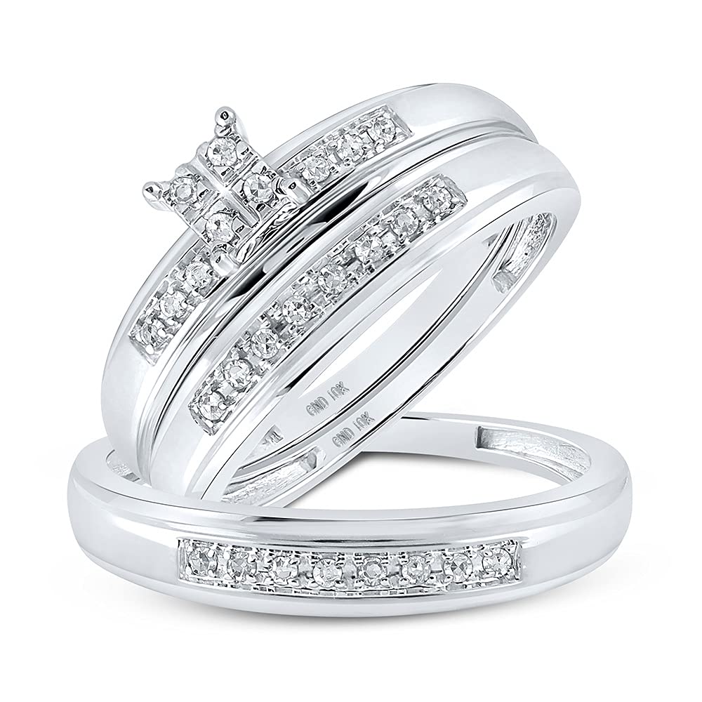Sizes - L = 8, M = 8.5 - 10k White Gold Diamond Cluster Mens And Ladies Couple His & Hers Trio 3 Three Ring Bridal Matching Engagement Wedding Ring Band Set (1/5 cttw.) - Please use drop down menu to select your desired ring sizes