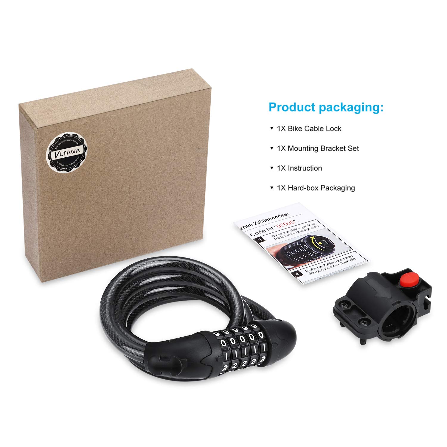 VLTAWA Bike Lock with Mounting Bracket, 4 ft Bike Lock Cable, 1/2 in Diameter High Security Bicycle Lock, 5 Digit Resettable Bike Locks with Combinations (Lightweight, 1.2mx12mm) (Black)