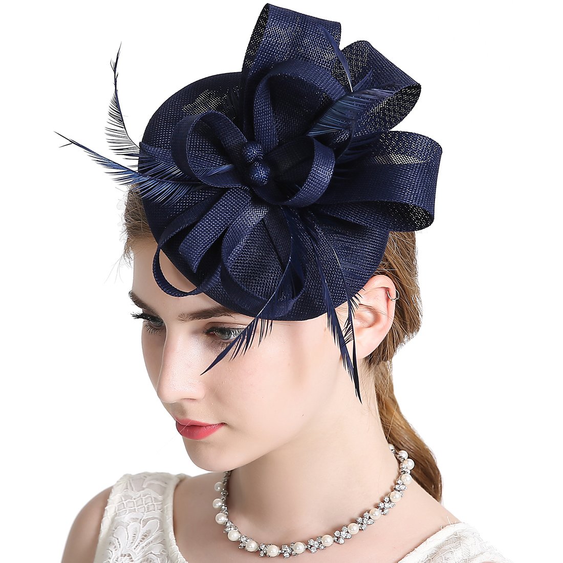Sinamay Feather Fascinators Womens Pillbox Flower Derby Hat for Cocktail Ball Wedding Church Tea Party Navy Blue
