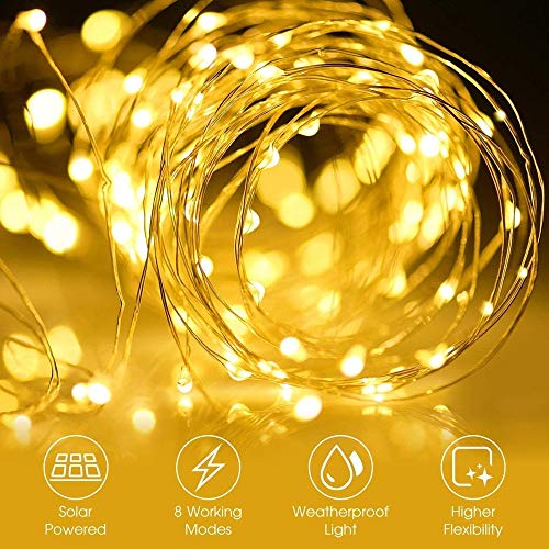 YOZATIA Solar String Lights Outdoor 66Ft 200LED Solar Powered String Lights with 8 Lighting Modes, Waterproof Warm White Color, Copper Wire Fairy Lights