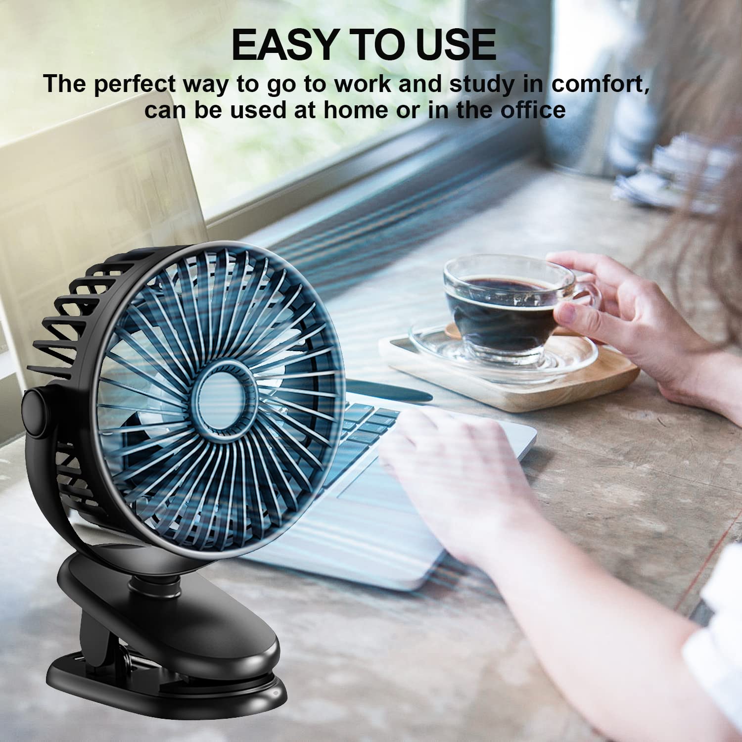 Small Clip on Fan, 2 Speeds USB Fan Powerful Personal Desktop Table Fan, Clip & USB Desk Fan with Sturdy Clamp, 360° Rotate Ultra Quiet operation for Home Office Indoor Bedroom Stroller(Black)