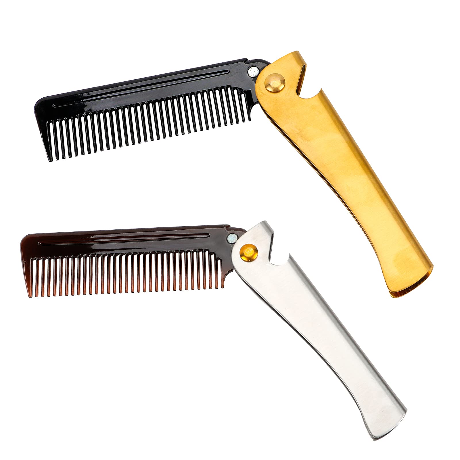WXLAA Beard Comb Pack 2 Stainless Steel Folding Pocket Antistatic Mustache Comb Multi-function Bottle Opener Key Chain Comb Tool
