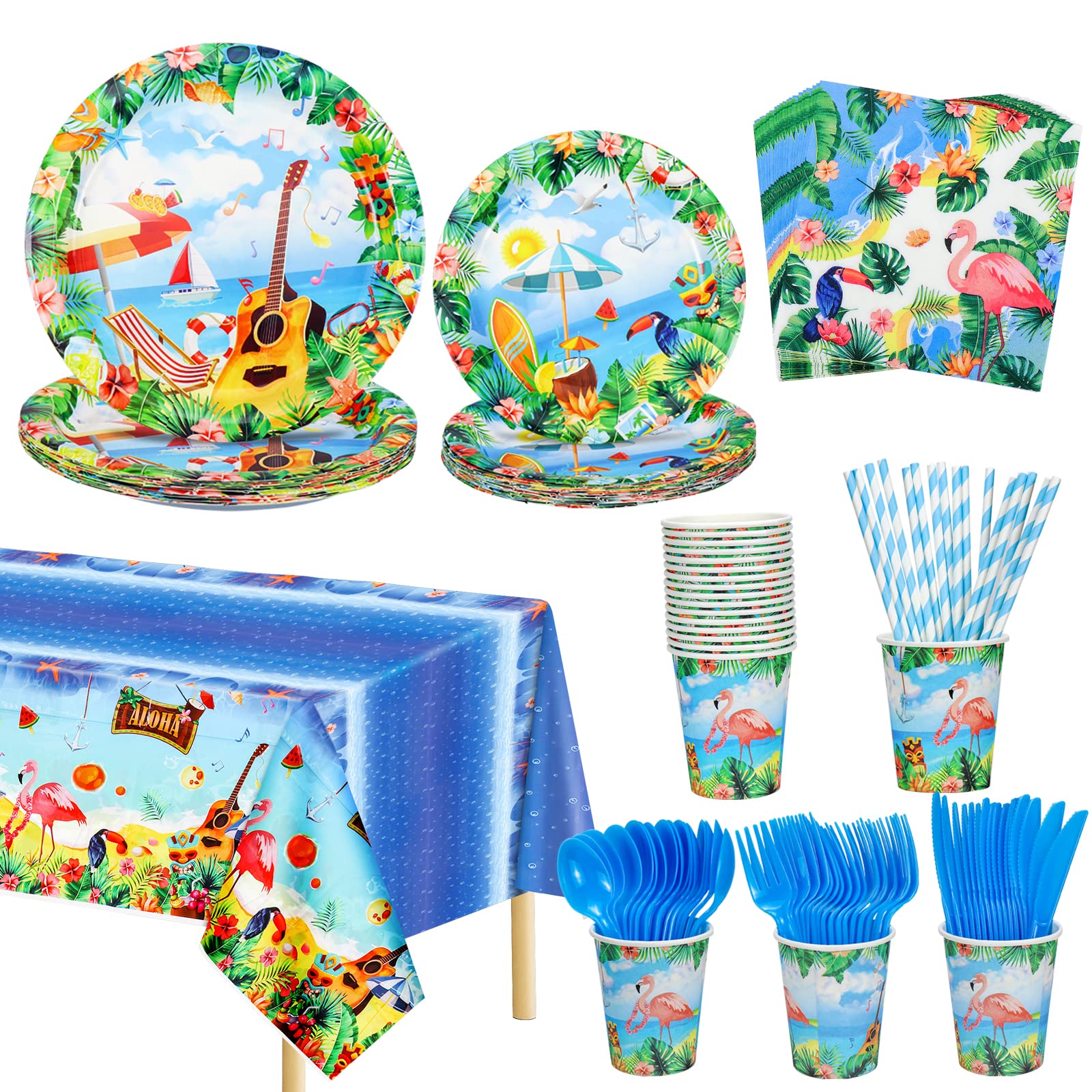 SelfTek Hawaiian Tropical Luau Party Decorations Supplies, 133 Pcs Aloha Birthday Disposable Dinnerware Set (16 Guests) With Tablecloth, Plates Cups Napkins Fork Knives Spoon for Beach Party