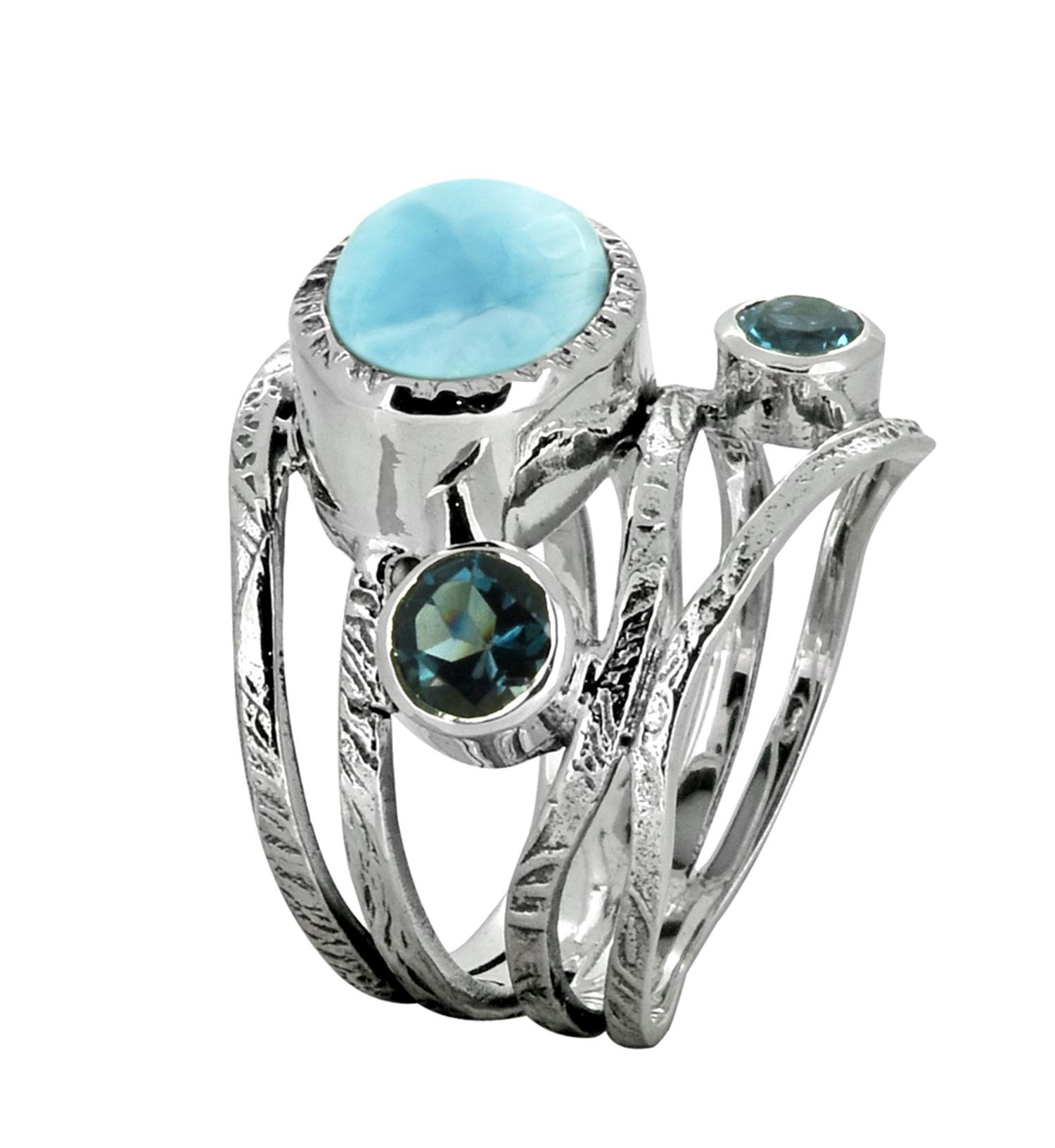 YoTreasure Natural Larimar London Blue Topaz Solid 925 Sterling Silver Designer Bypass Ring Jewelry