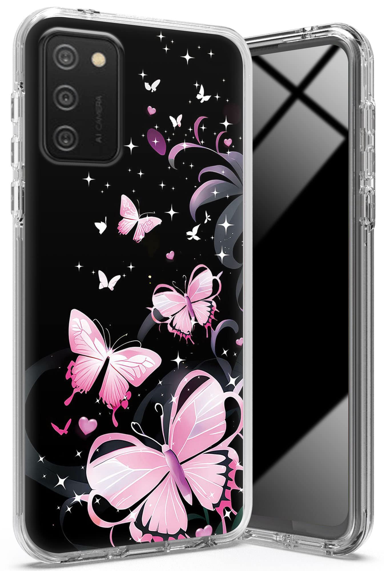 RYUITHDJP Galaxy A03S/A03 Case 6.5" with Glitter Bling Pink Butterfly Theme Design, for Samsung A03s Case Clear Stylish Transparent Durable Cover