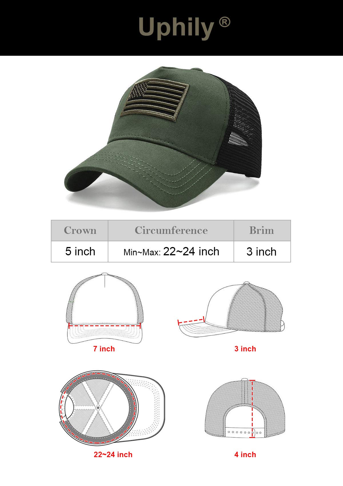 Uphily Army Green US American Flag Trucker Cap - Olive Mid Profile Curved Bill Patriotic Mesh Dad Hat for Men or Women