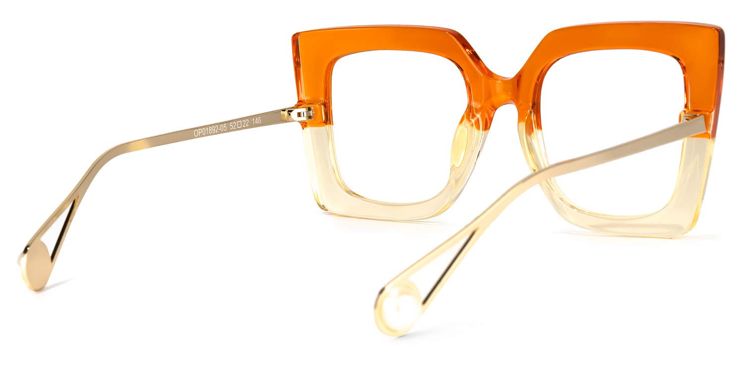 VOOGLAM Oversized Thick Square Blue Light Blocking Glasses for Women Orange Fashion Eyewear with Pearl Inlay Arm Anti Eyestrain UV Valarie