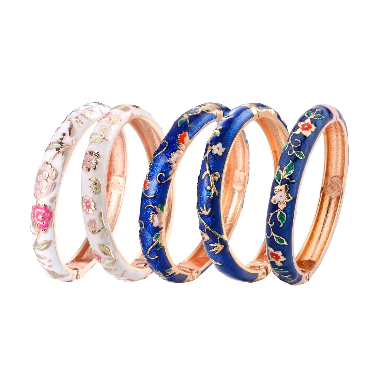 UJOY Bangles 5 Pcs Enamel Jewelry Set Rose Gold Flower Engraved Cloisonne Bracelets Pack in a Box 5PCS Blue White
