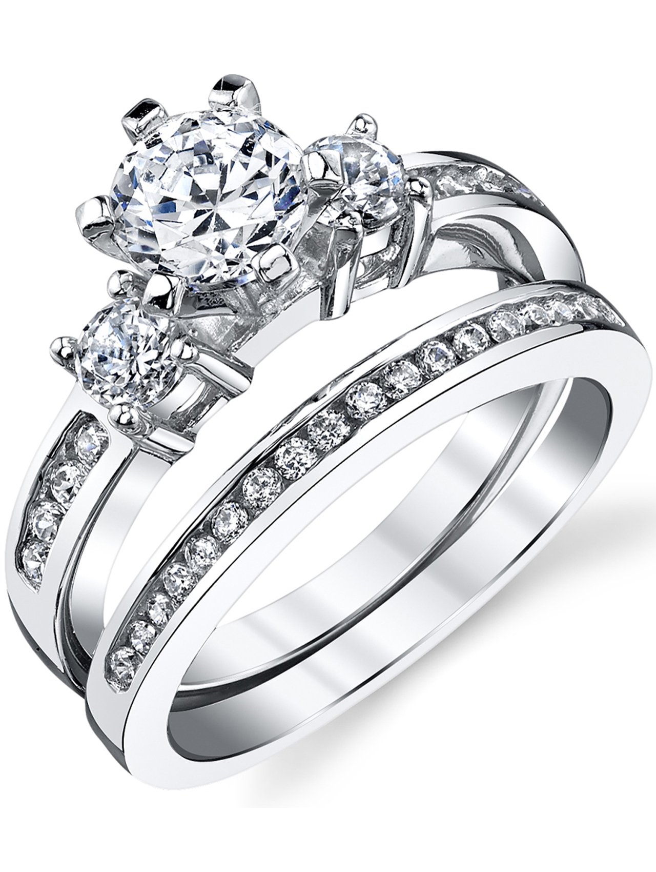 Sterling Silver Cubic Zirconia 1.15 Carat TW Round Cut Wedding Engagement Ring 2 Piece Set Band SZ4