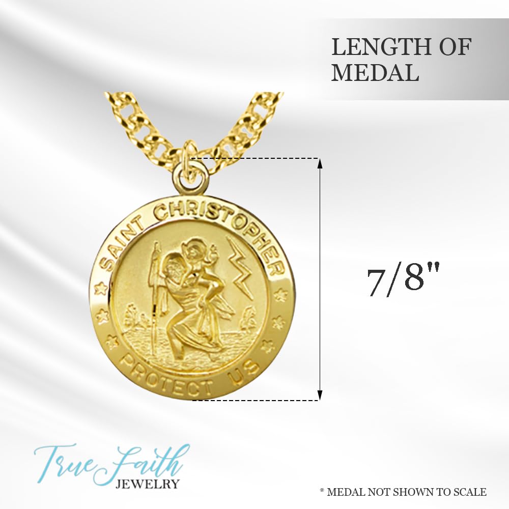 TrueFaithJewelry 14K Gold-Plated Sterling Silver Saint Christopher Medal Patron Saint Pendant Necklace Religious Jewelry, 3/4 Inch